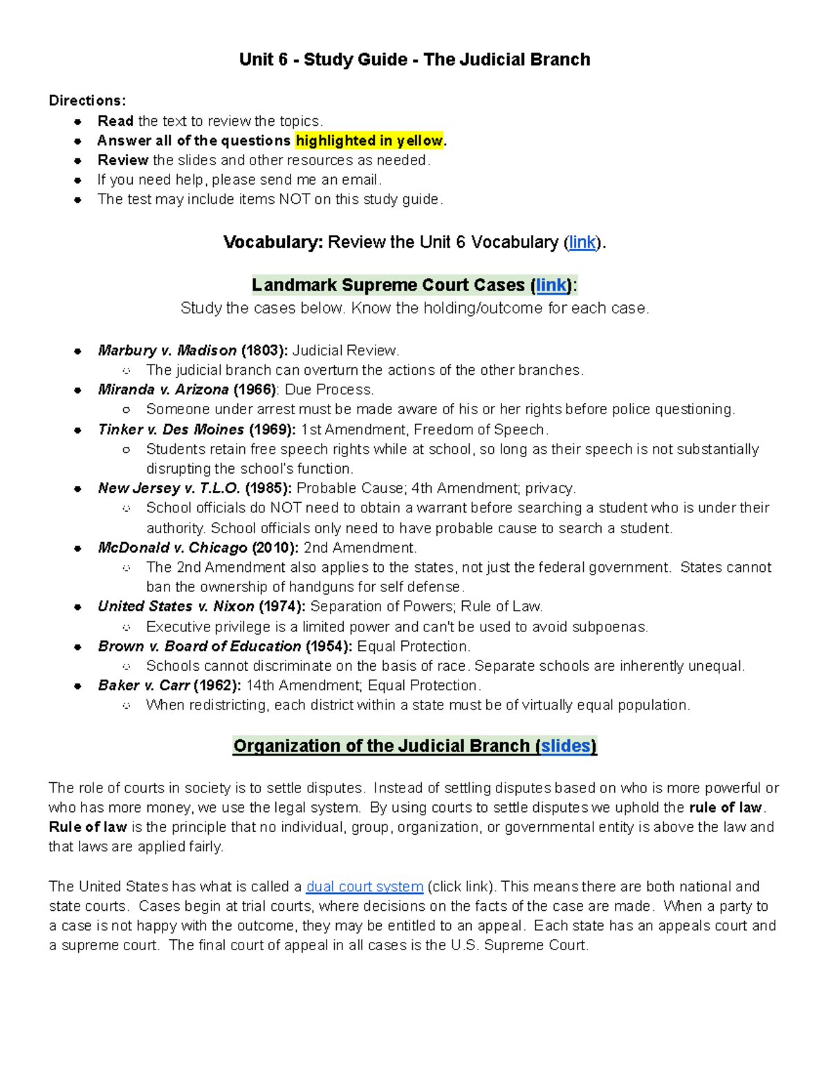 - Study Guide Unit 6 - Judicial Branch - Unit 6 - Study Guide - The ...