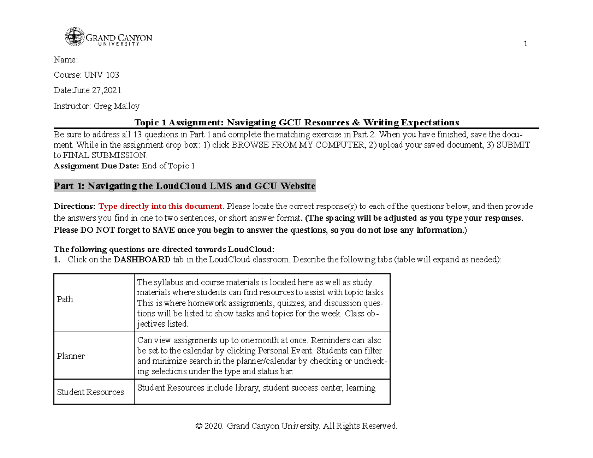 GCU Resources and Writing Expectations Worskheet - UNV-103 - GCU - Studocu
