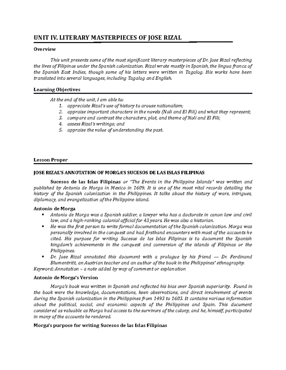 UNIT-IV - notes - UNIT IV. LITERARY MASTERPIECES OF JOSE RIZAL Overview ...