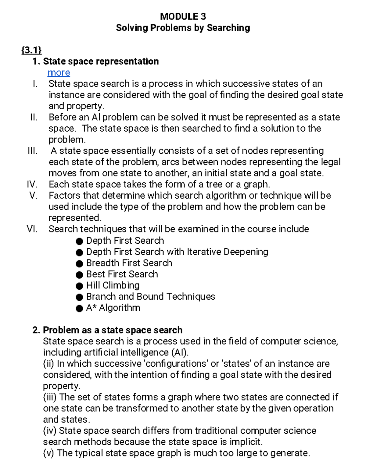 AI module 3 - MODULE 3 Solving Problems by Searching {3} State space ...