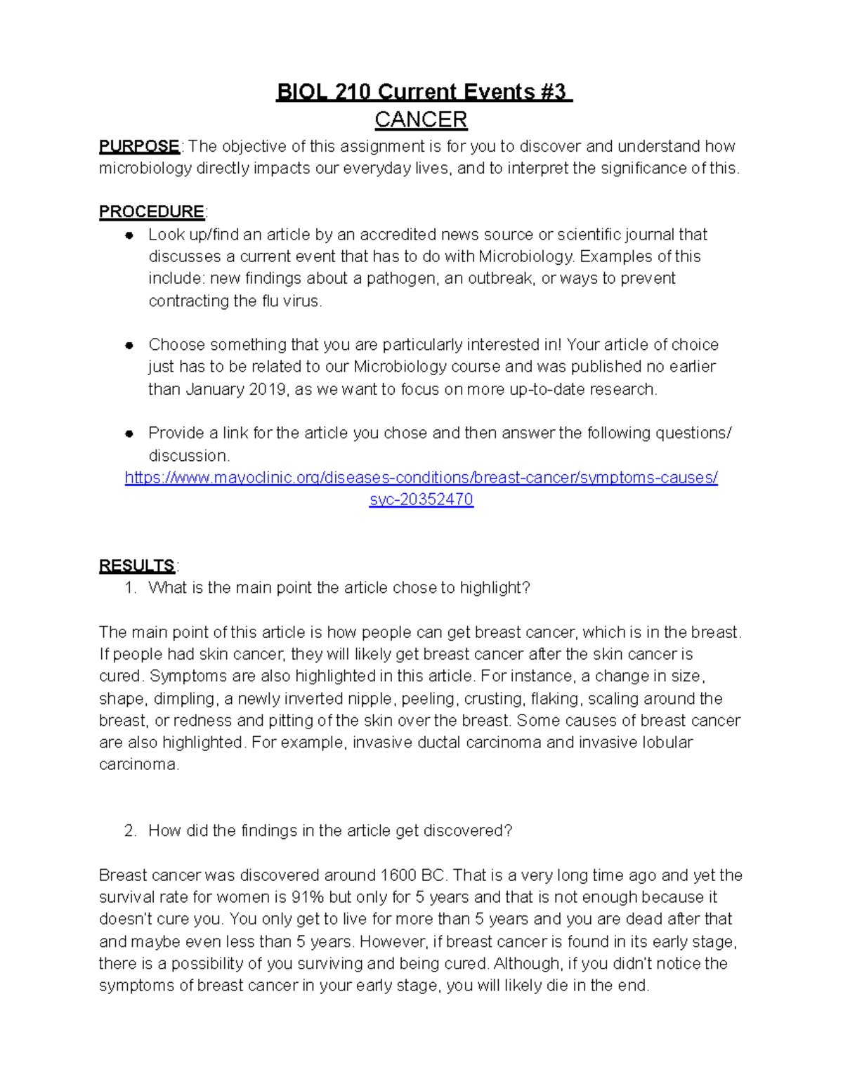 Current Event Assignment #3 - BIOL 210 Current Events CANCER PURPOSE ...