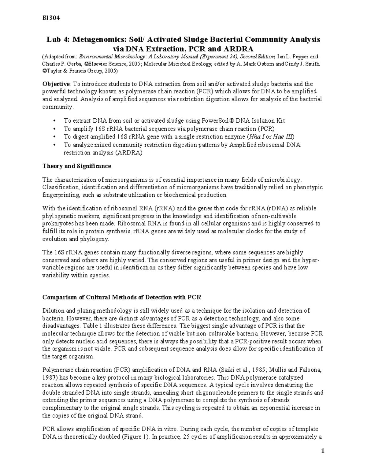 Lab 4 DNA PCR Ardra - Lab 4: Metagenomics: Soil/ Activated Sludge ...