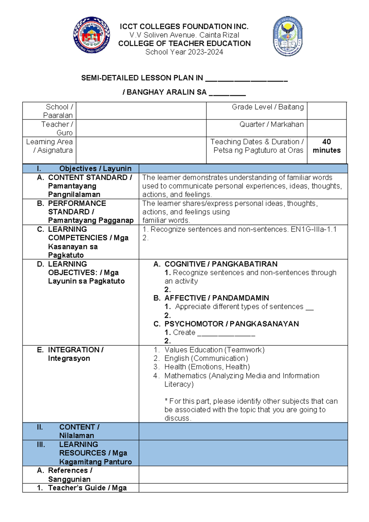 Lesson-PLAN- Format- Profed 01 - Revised- Format - ICCT COLLEGES FOUNDATION INC. V Soliven ...