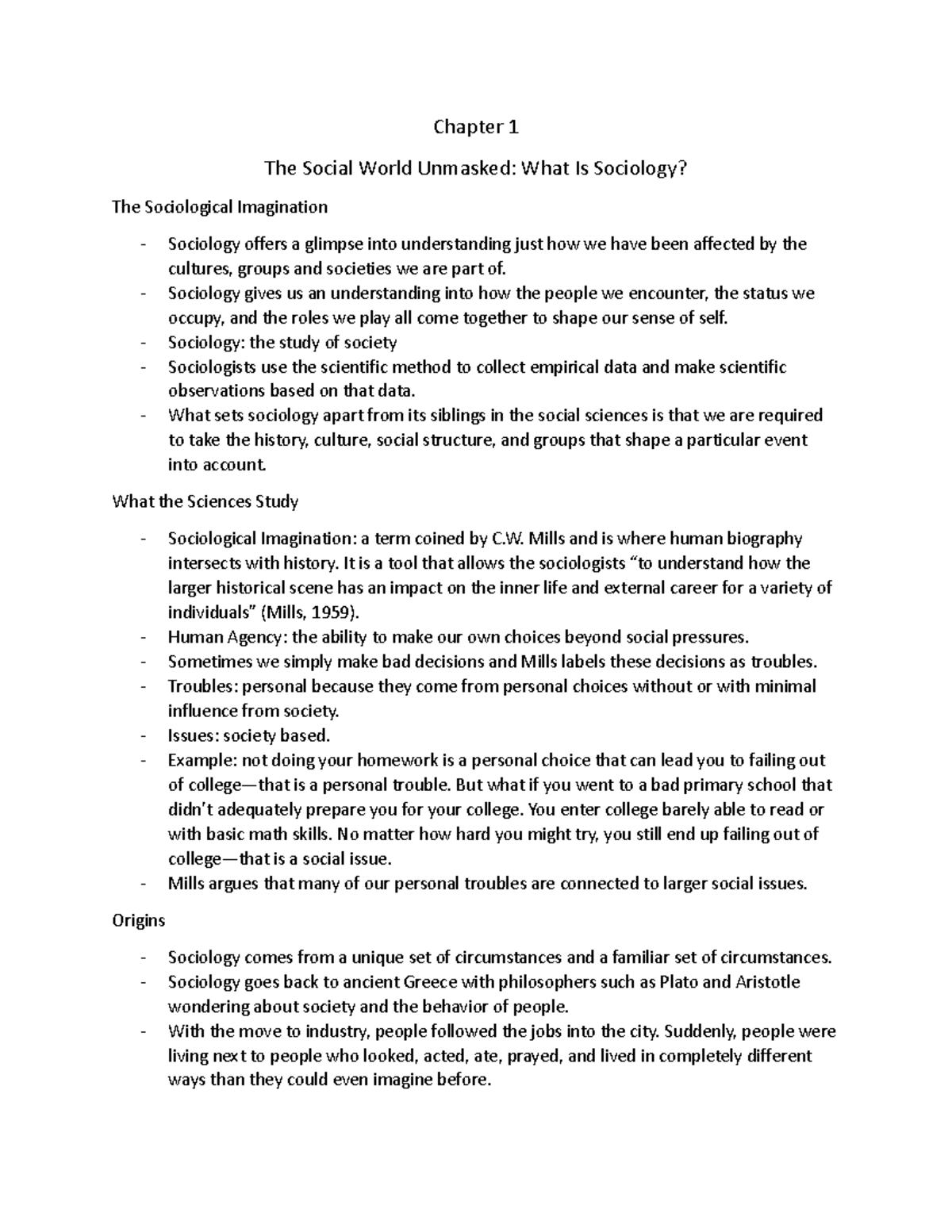 Soci 160 Chapter 1 Notes - Chapter 1 The Social World Unmasked: What Is ...