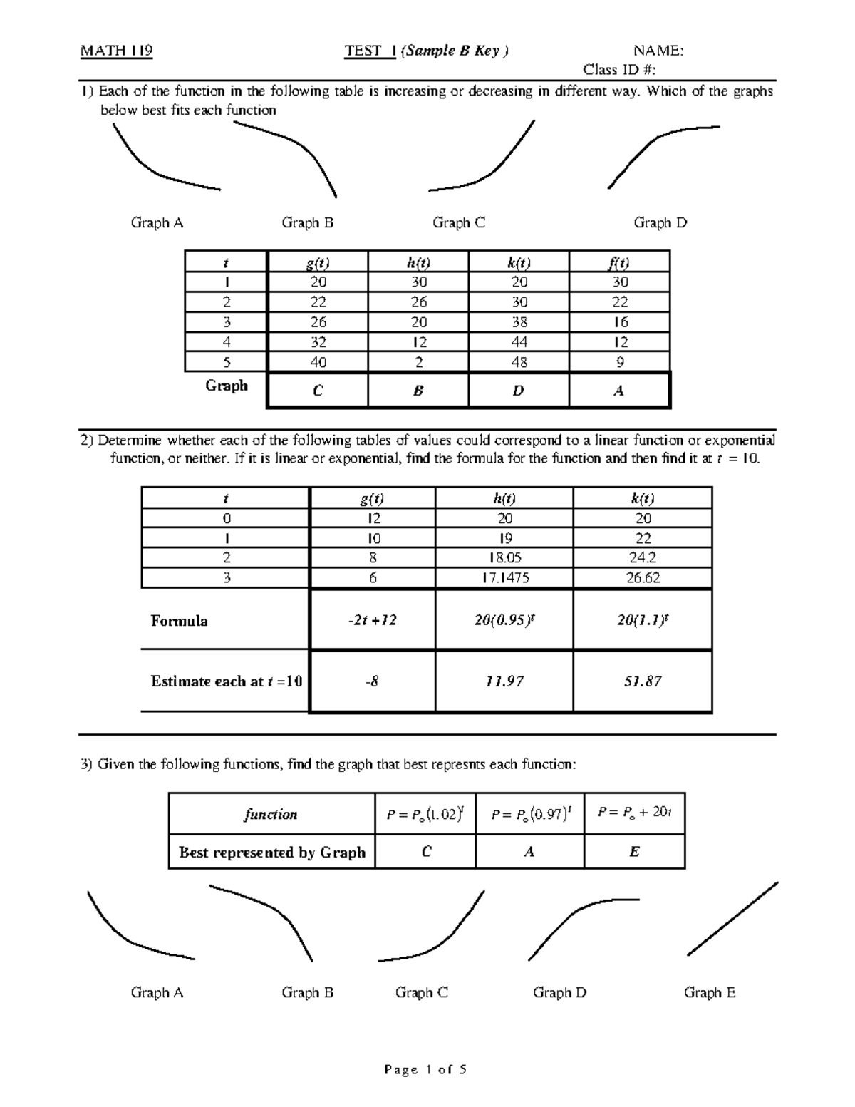 Test1b solutions - MATH 119 TEST 1 (Sample B Key ) NAME: Class ID ...