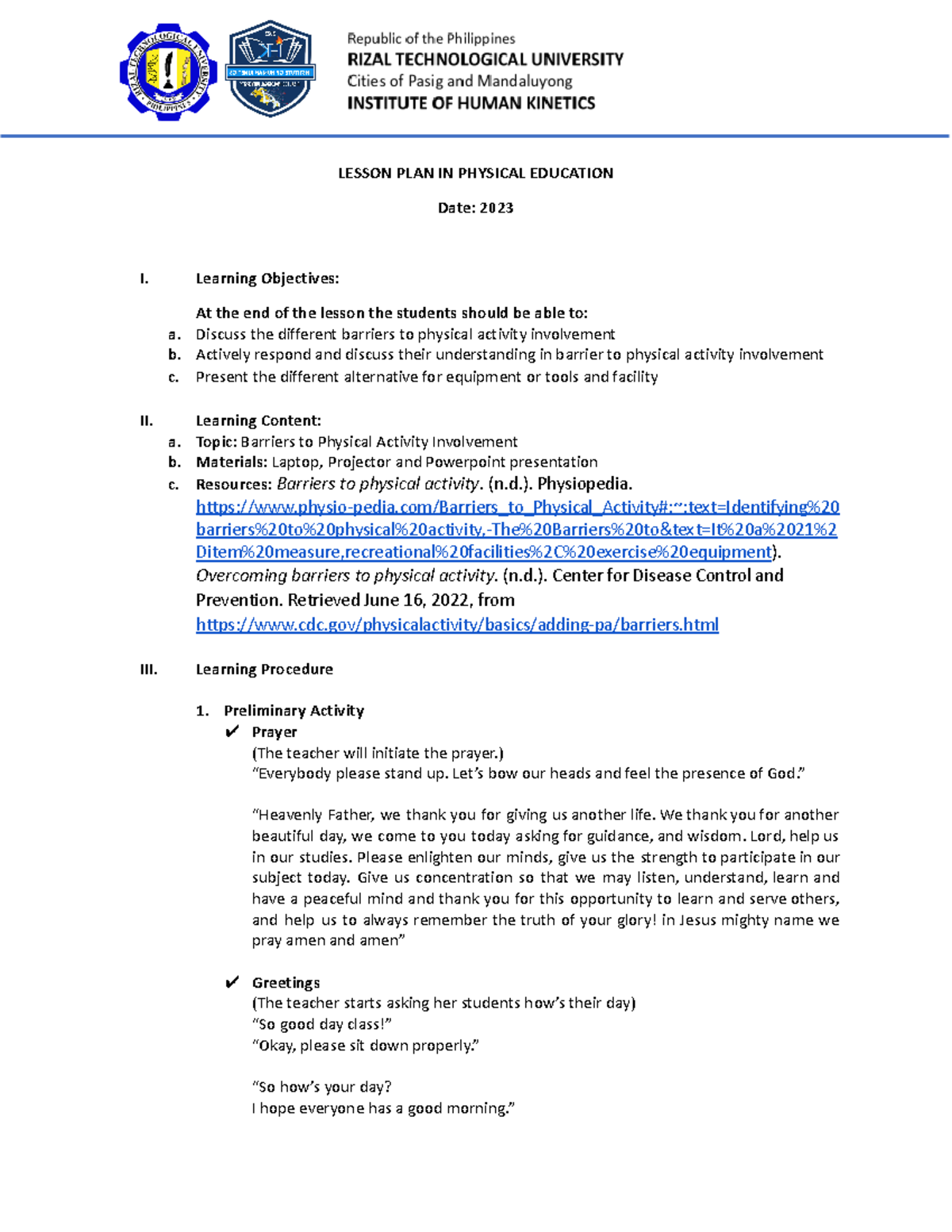 4A lesson plan s - LESSON PLAN IN PHYSICAL EDUCATION Date: 2023 I ...