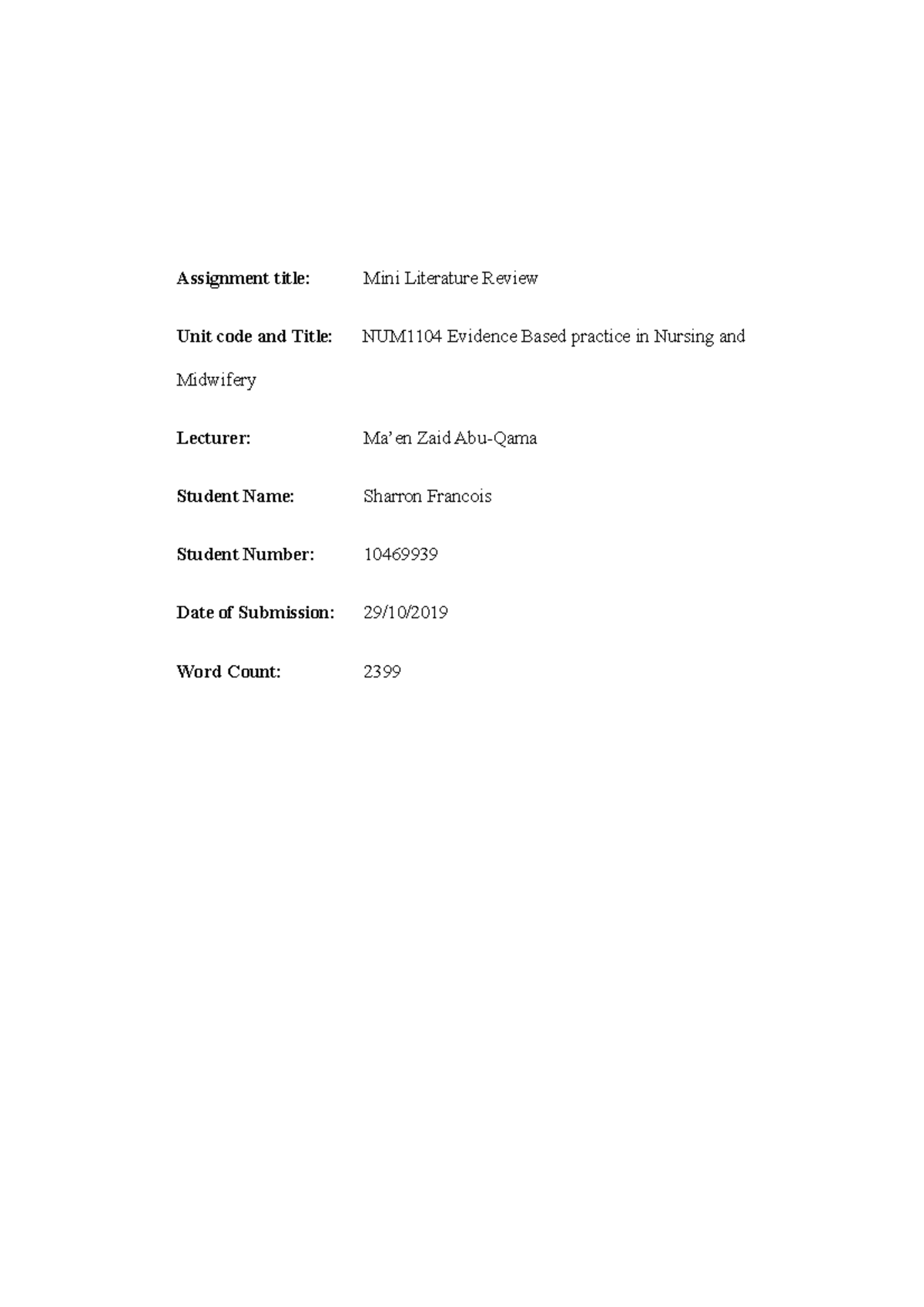 Mini Literature Review Final - Assignment title: Mini Literature Review ...