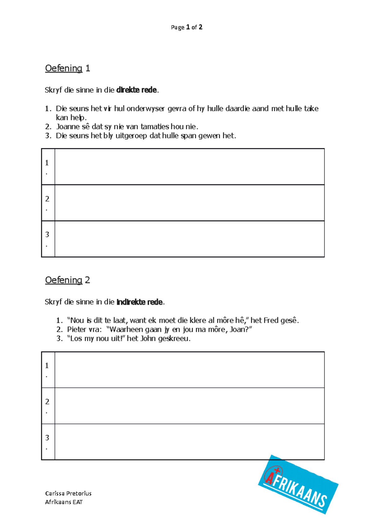 Oefening - Direkte & Indirekte Rede (D & I Speech) - Page 1 of 2 ...