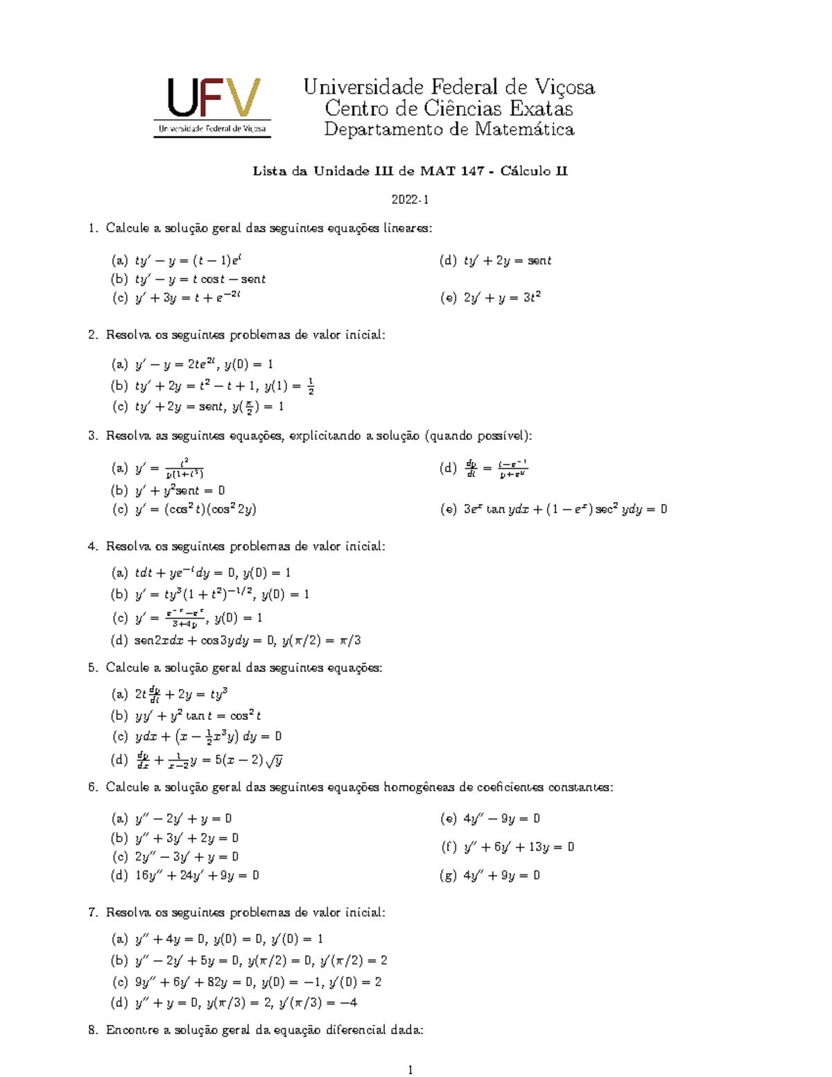Lista da Unidade III - Universidade Federal de Vi ̧cosa Centro de ...