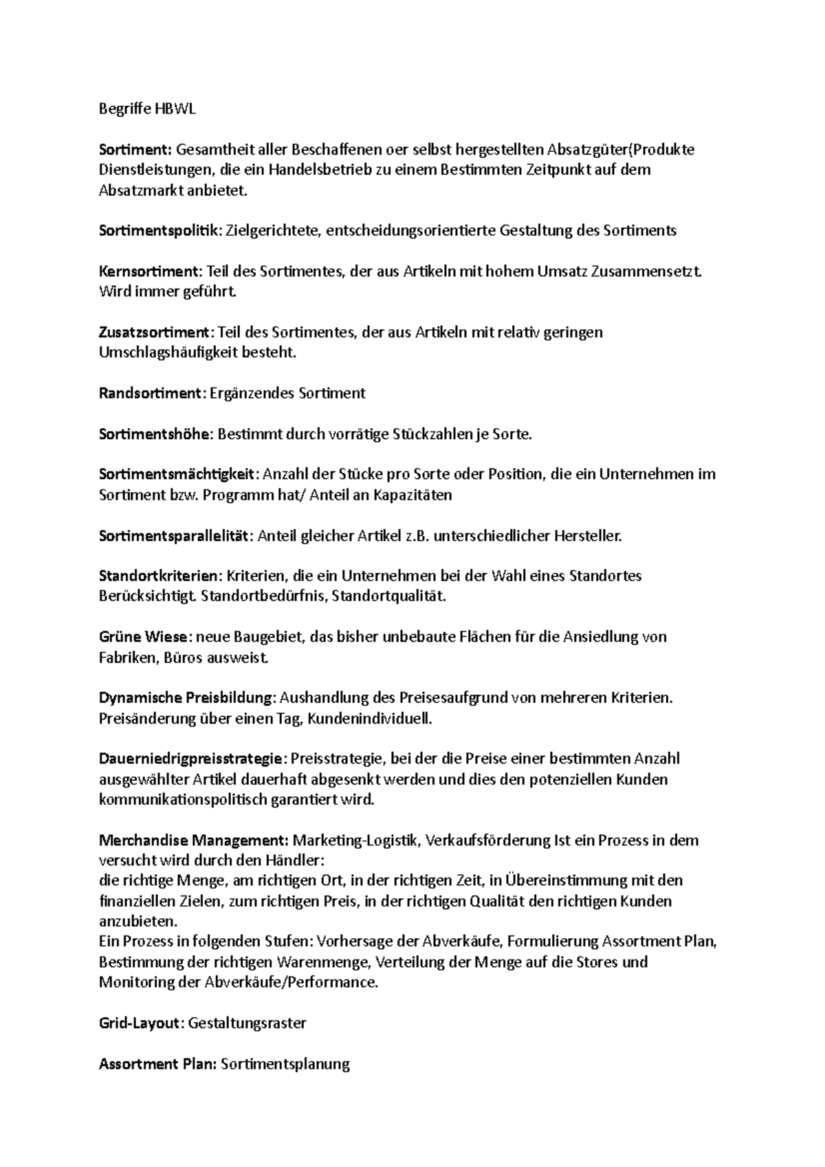 Begriffszusammenfassung Handelsbwl - Begriffe HBWL Sortiment ...