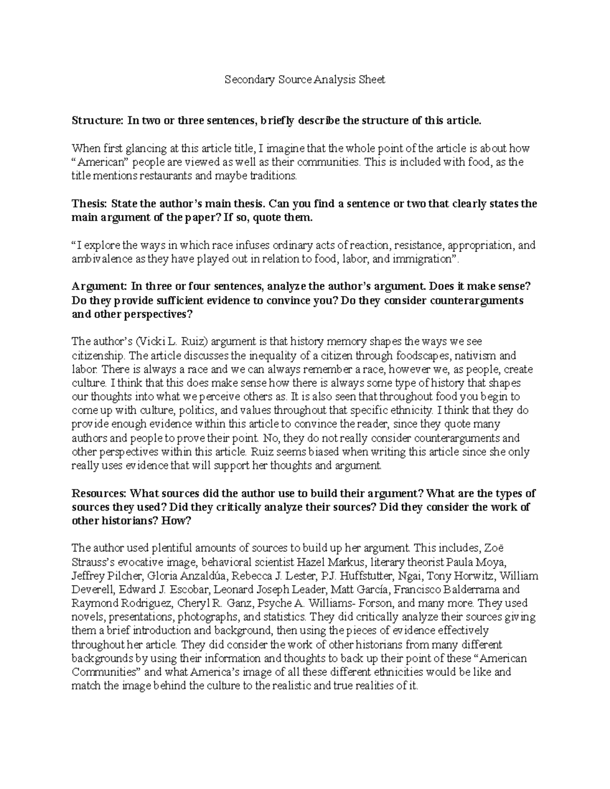 Secondary Source Analysis Sheet Citizen Restaurant- American ...