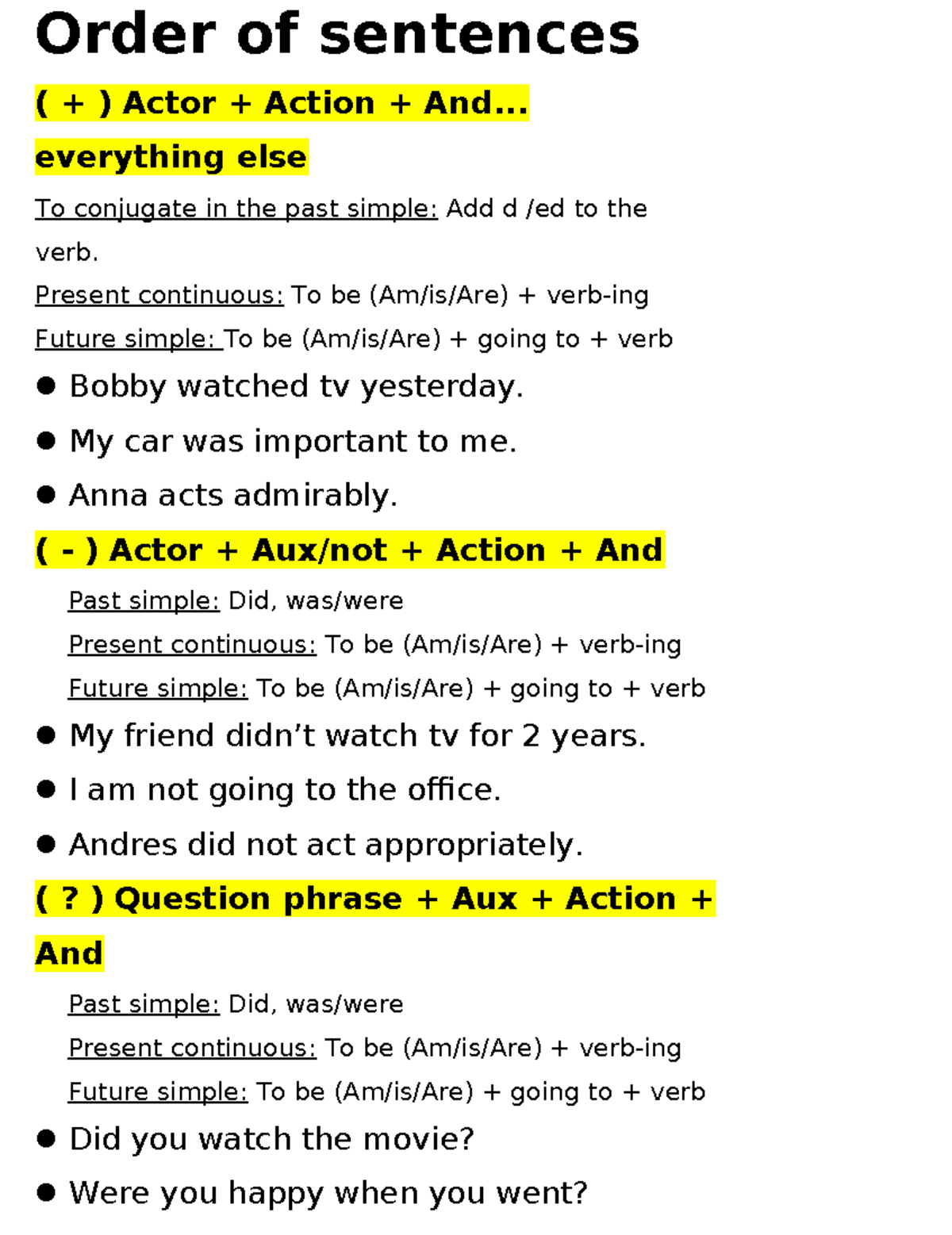 Order of sentences - .. everything else To conjugate in the past simple ...