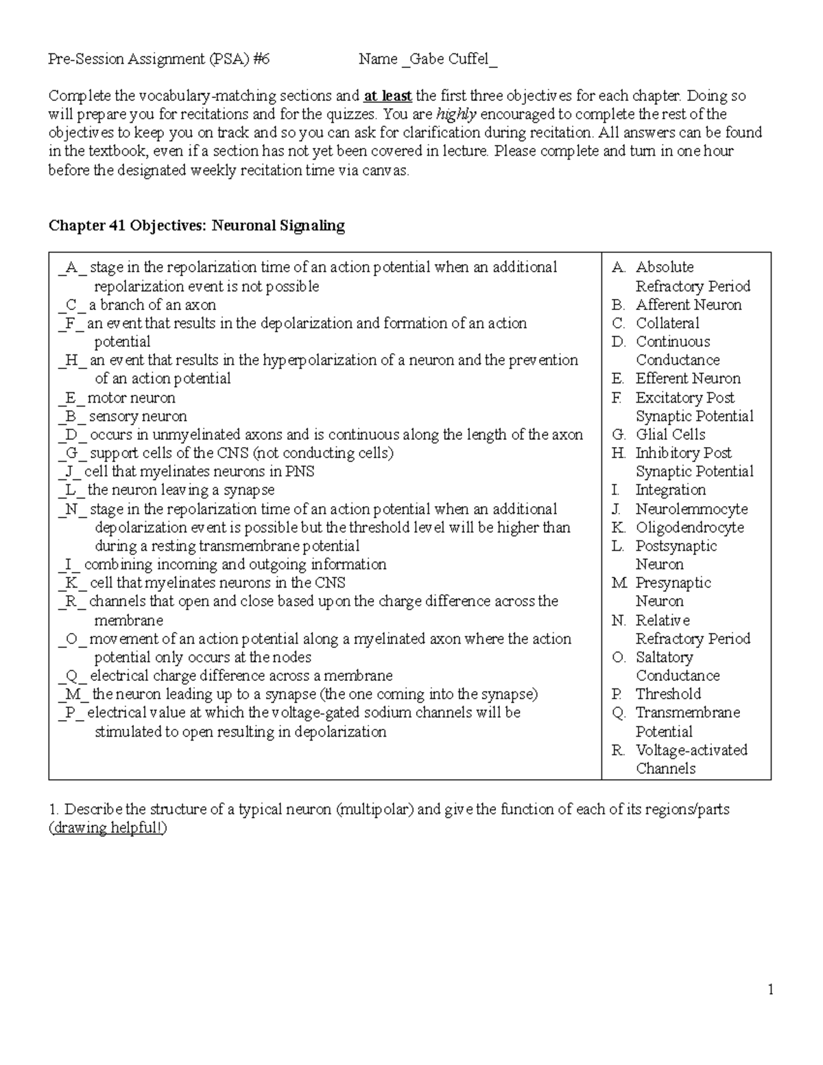 PSA 6 S22 - PSA 6 - Pre-Session Assignment (PSA) #6 Name Gabe Cuffel ...