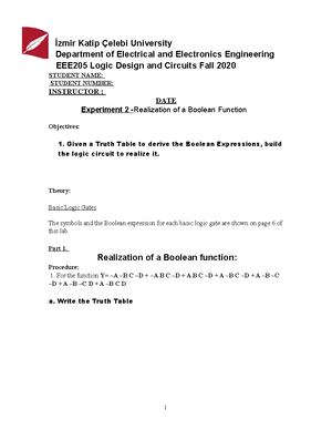 Lab1 Logic Design İzmir Katip çelebi University Department Of