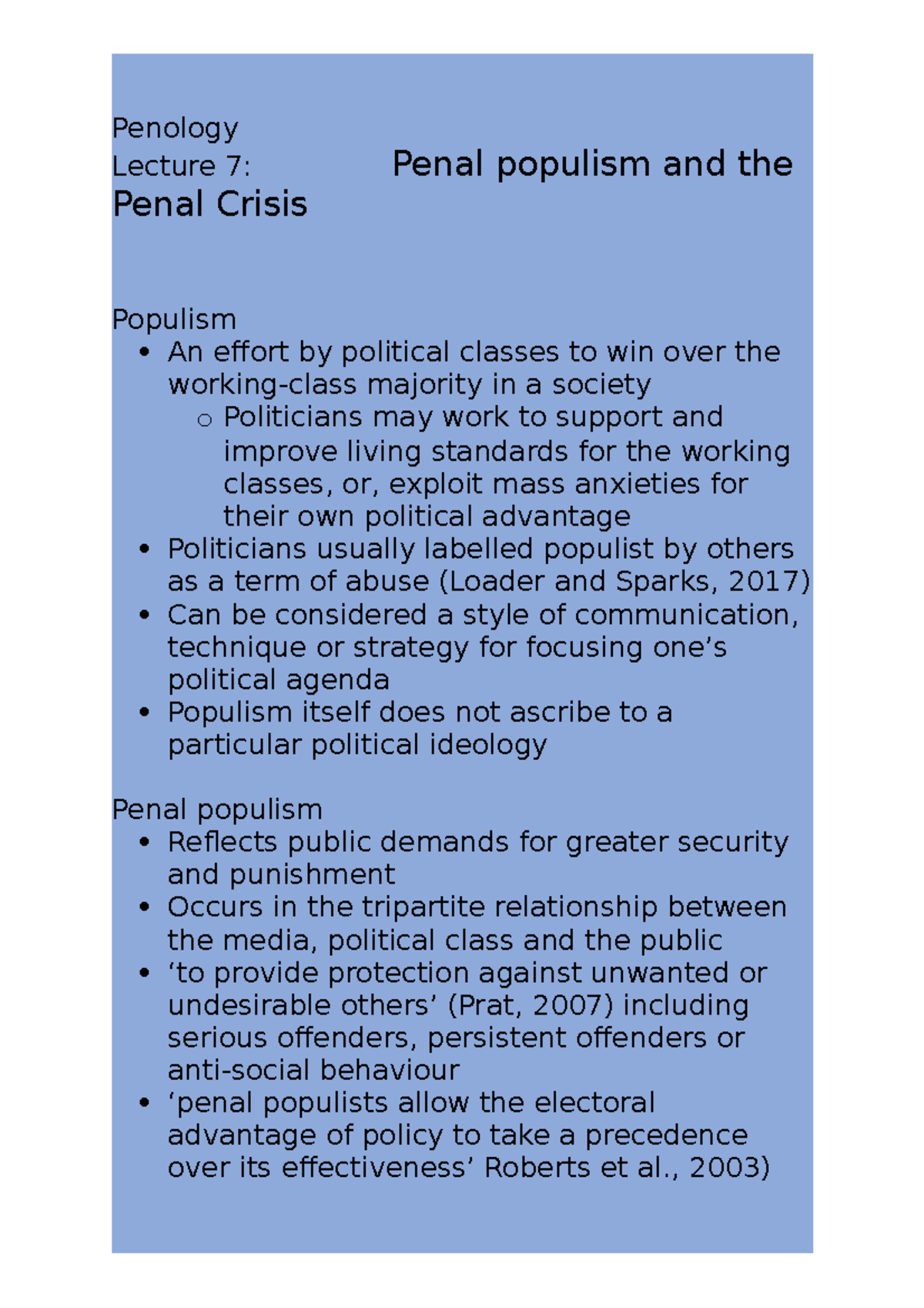 Penal poplulism and crisis - Penology Lecture 7: Penal populism and the ...