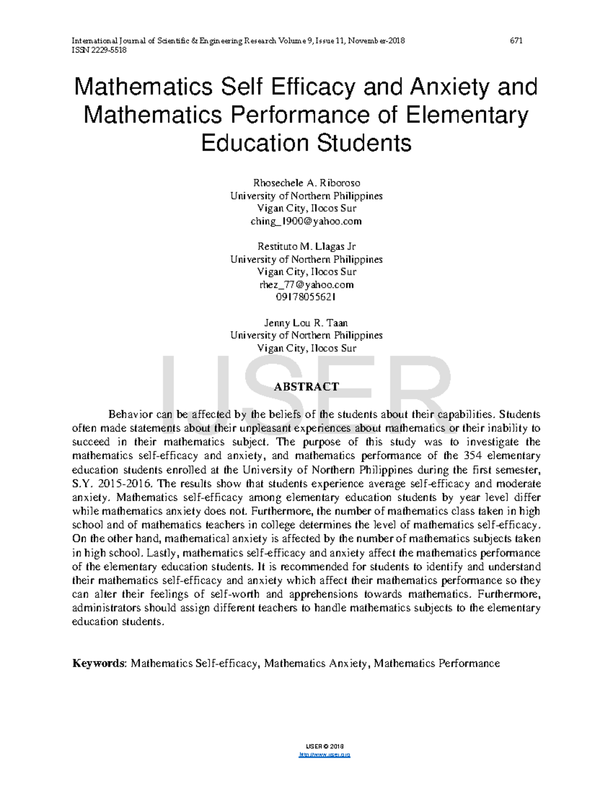 Mathematics SELF Efficacy AND Anxiety AND Mathematics Performance OF Elementary Education ...