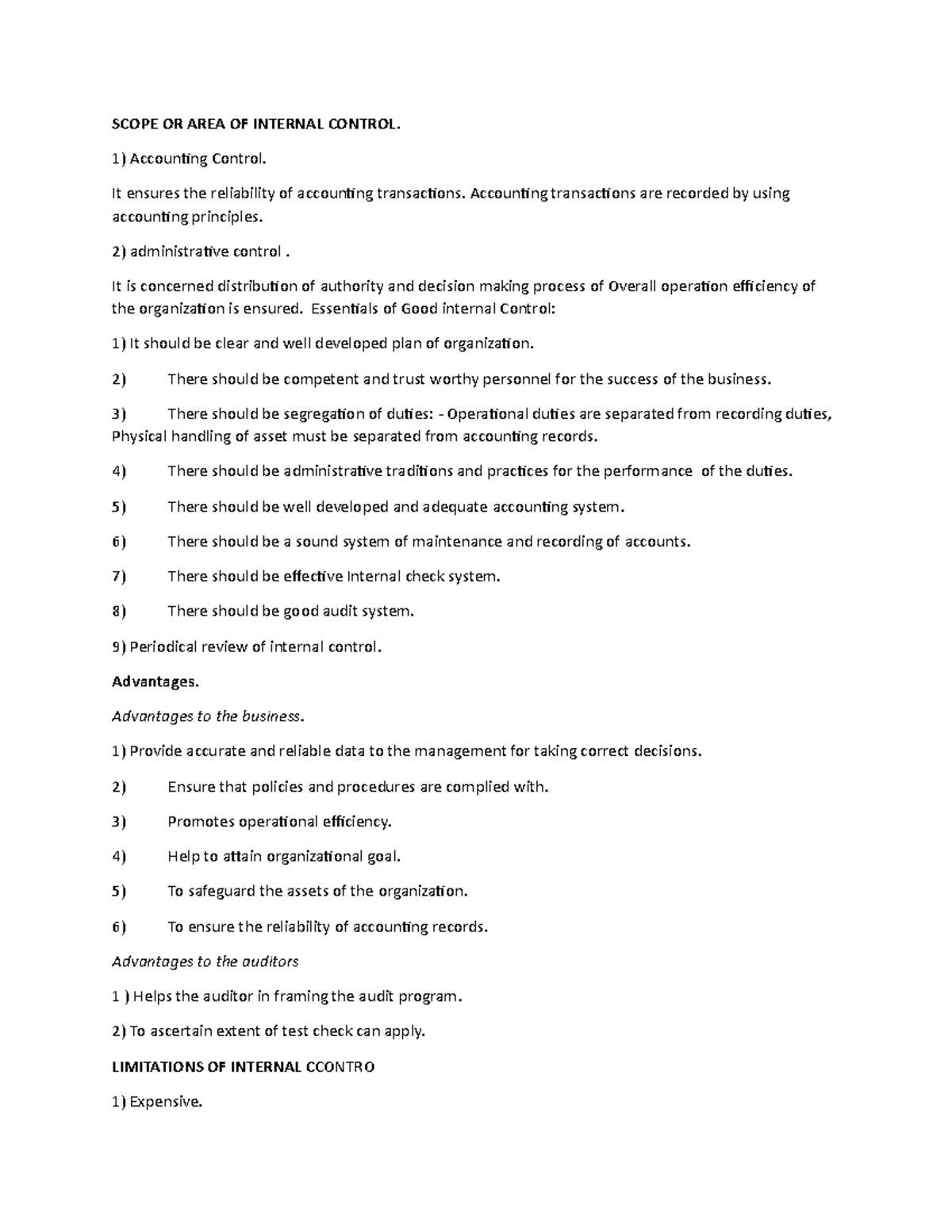 Scope of internal control - SCOPE OR AREA OF INTERNAL CONTROL ...