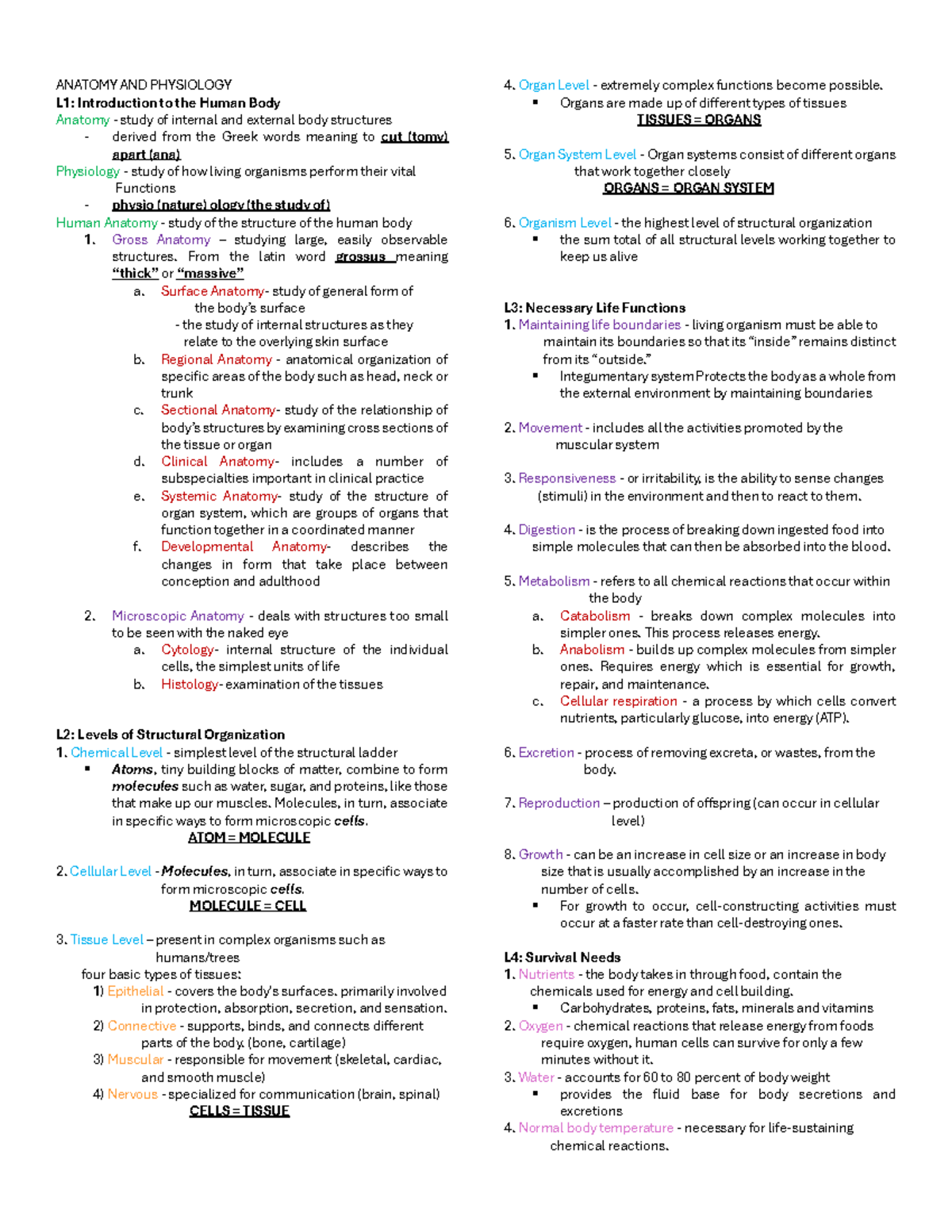 Anaphy - Chapter 1 - none - ANATOMY AND PHYSIOLOGY L1: Introduction to ...