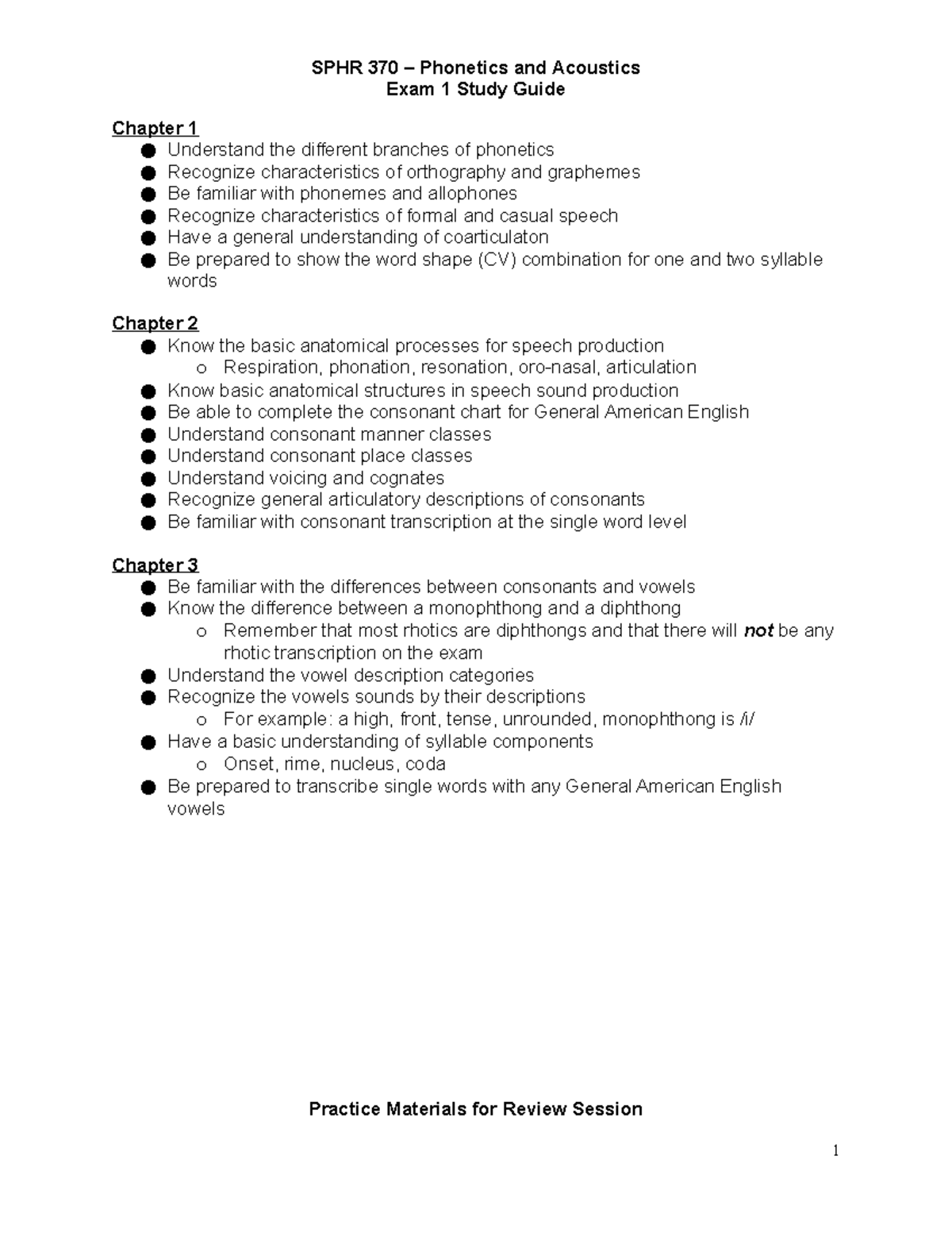 SPHR 370 Exam 1 Study Guide - SPHR 370 – Phonetics and Acoustics Exam 1 ...