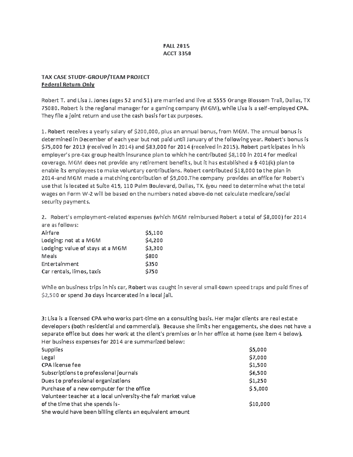 Acct 3350 Case Facts-Fall-2015 - FALL 2015 ACCT 3350 TAX CASE STUDY ...