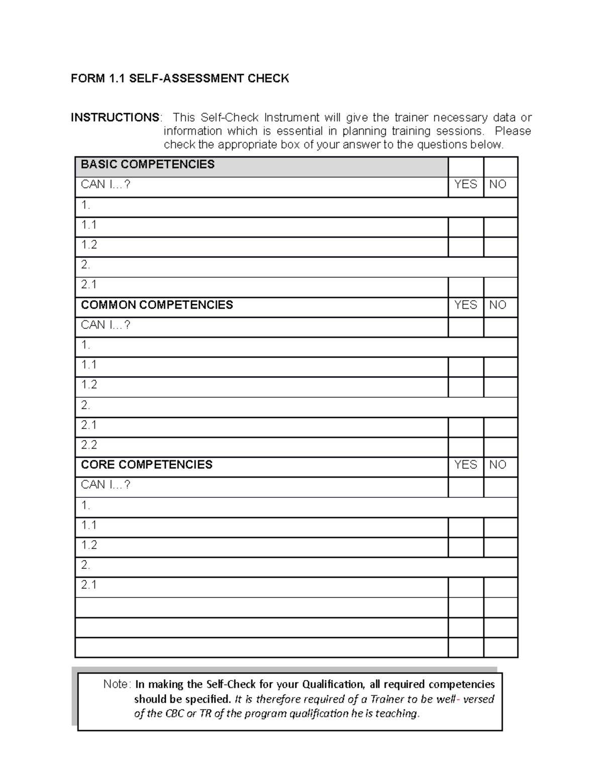 TNA Forms-Tempale( Job Sheet 1.1-2 - FORM 1 SELF-ASSESSMENT CHECK ...