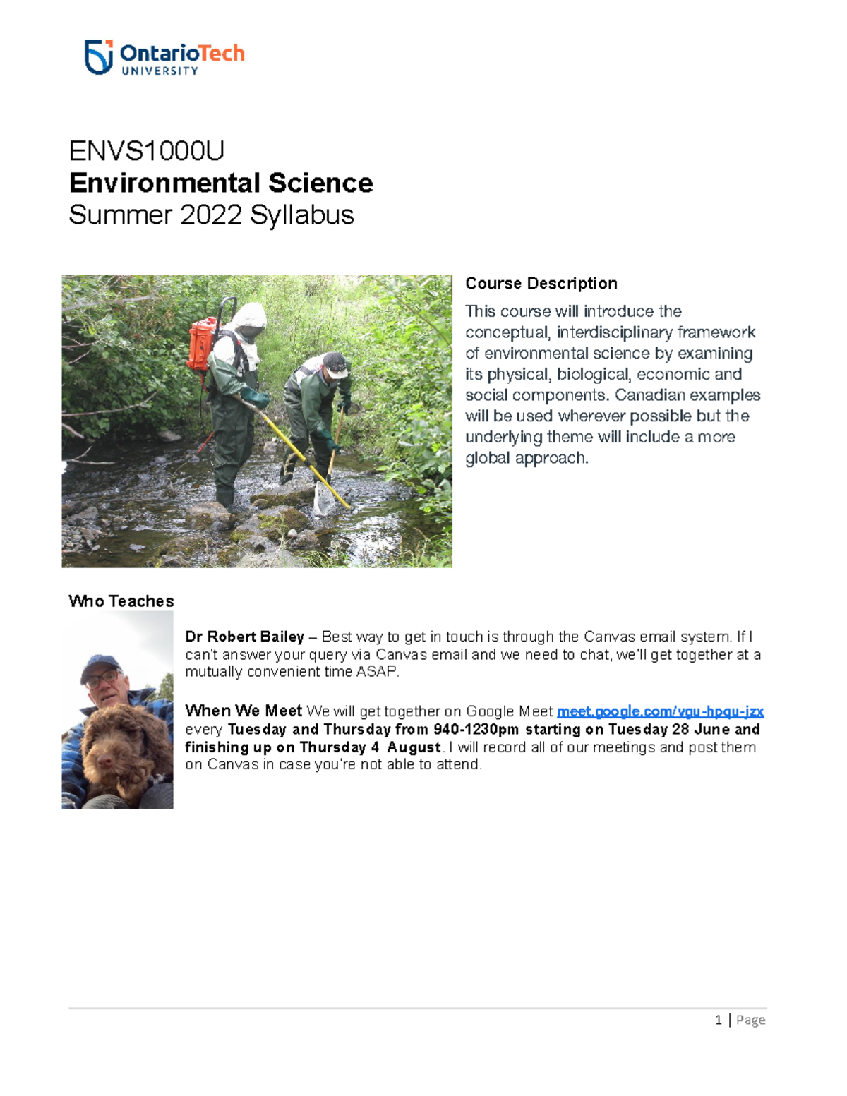 ENVS1000U Syllabus SS2022 Final - ENVS1000U Environmental Science ...