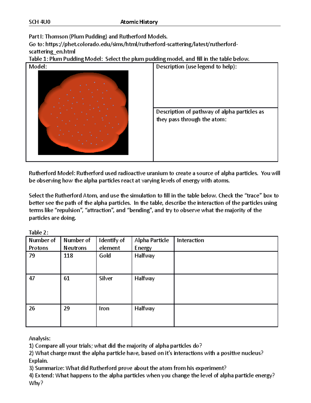 1-Atomic History Worksheet - SCH 4U0 Atomic History Part I: Thomson ...