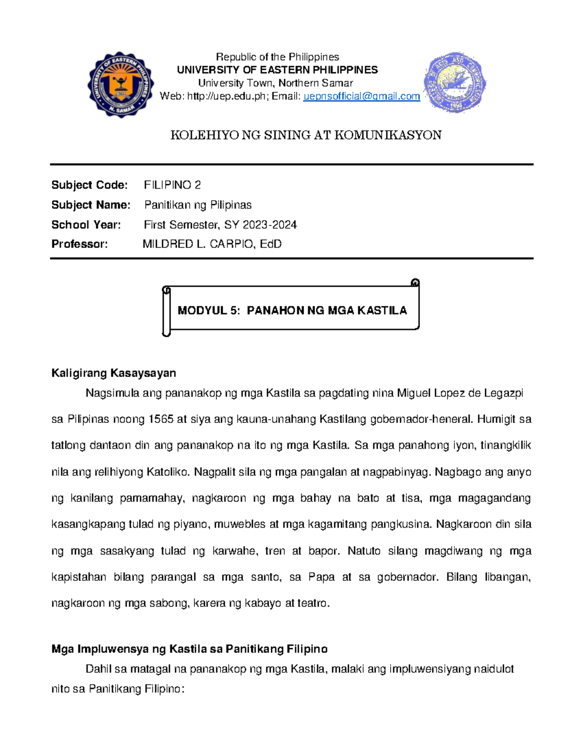 Filipino 2 Modyul 5 - Lecture - Republic of the Philippines UNIVERSITY ...