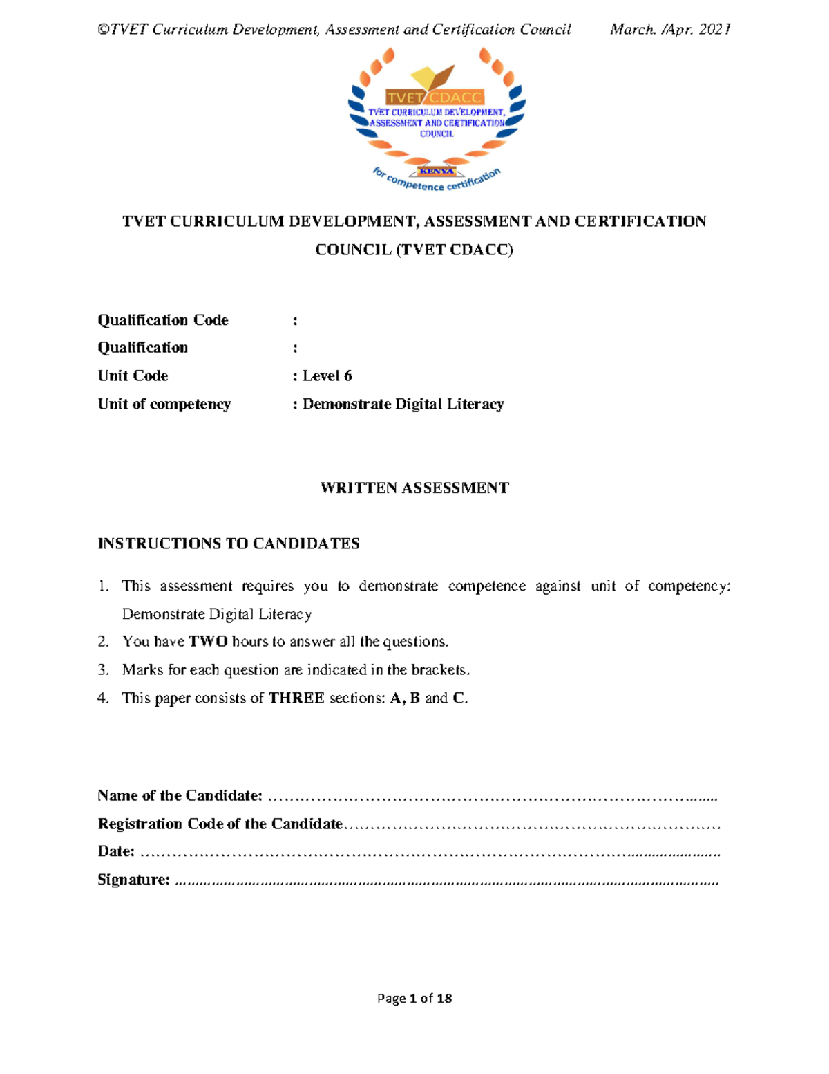Digital literacy Candidate Tool - TVET CURRICULUM DEVELOPMENT ...