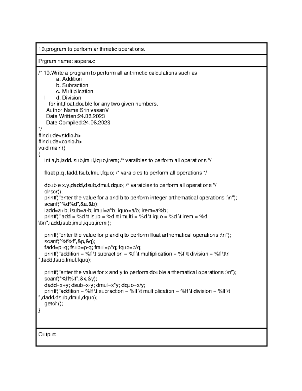 Rakshith S - pl 4 - C++ lab programs - 10 to perform arithmetic operations. Prgram name: aopera ...