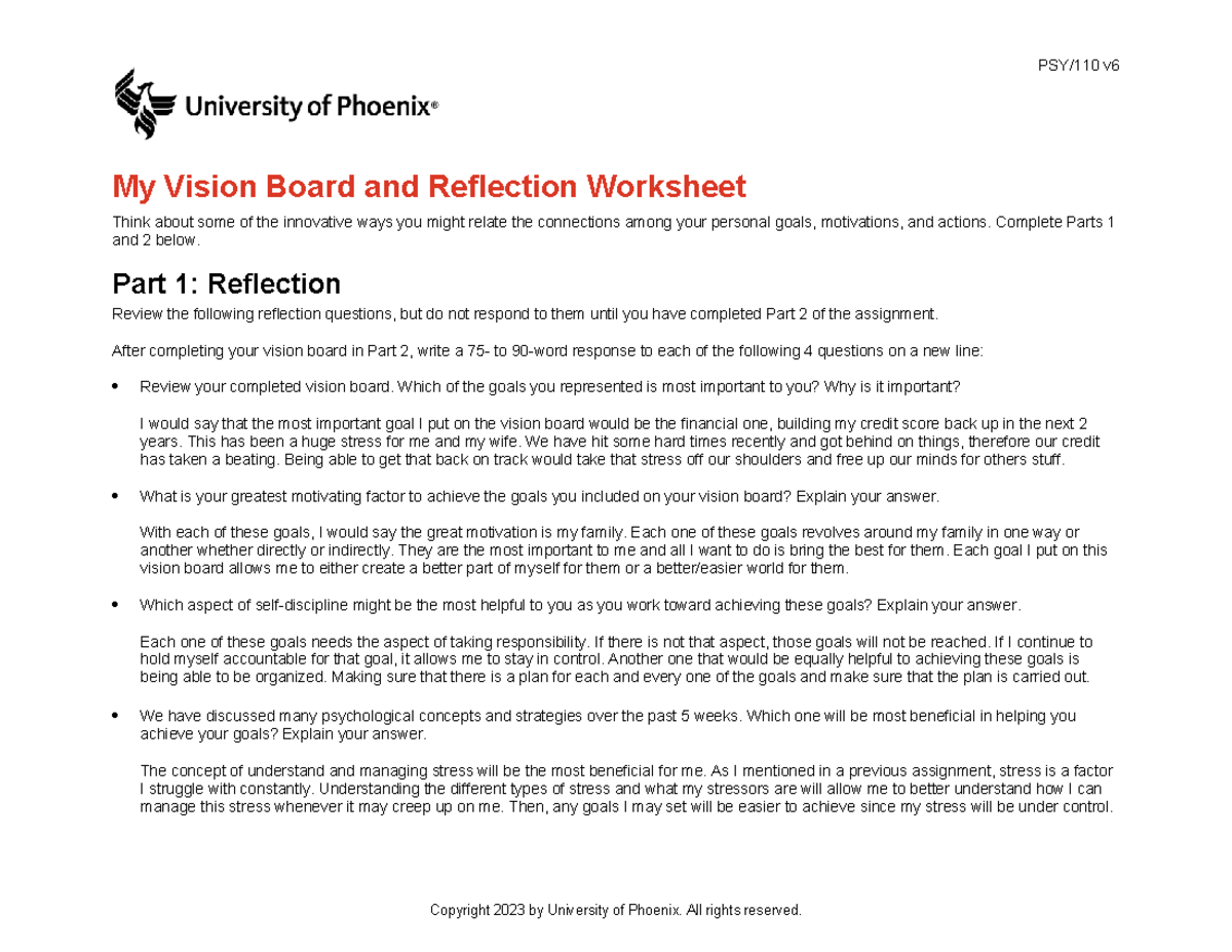Psy110 v6 wk5 my vision board and reflection worksheet - PSY/110 v My ...