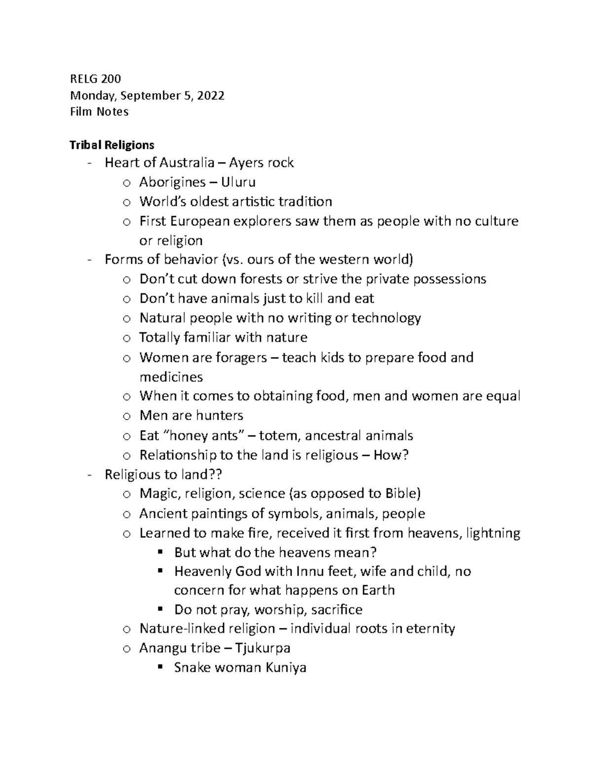 RELG 200 - Film Notes - Religion and Human Experience RELG 200 Dr ...