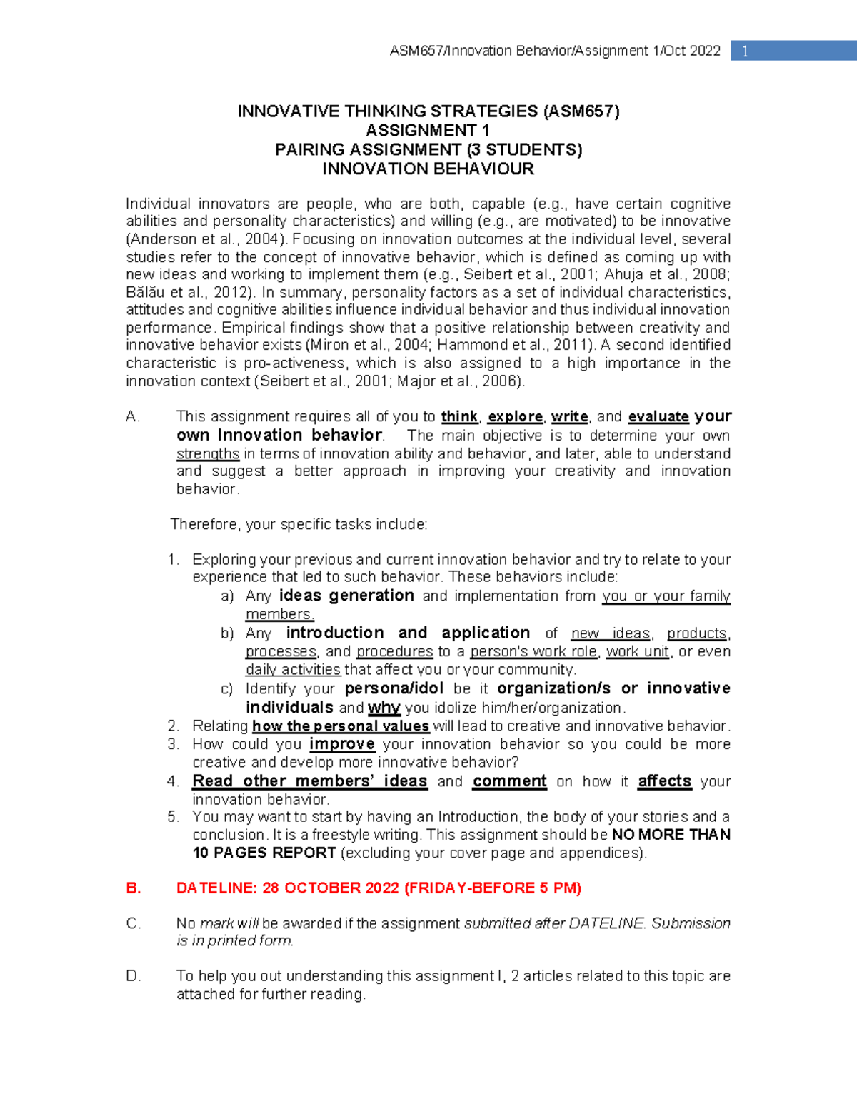 ASM657 Assignment 1 (Innovative Behavior) Guidelines Oct 2022 - ASM657 ...