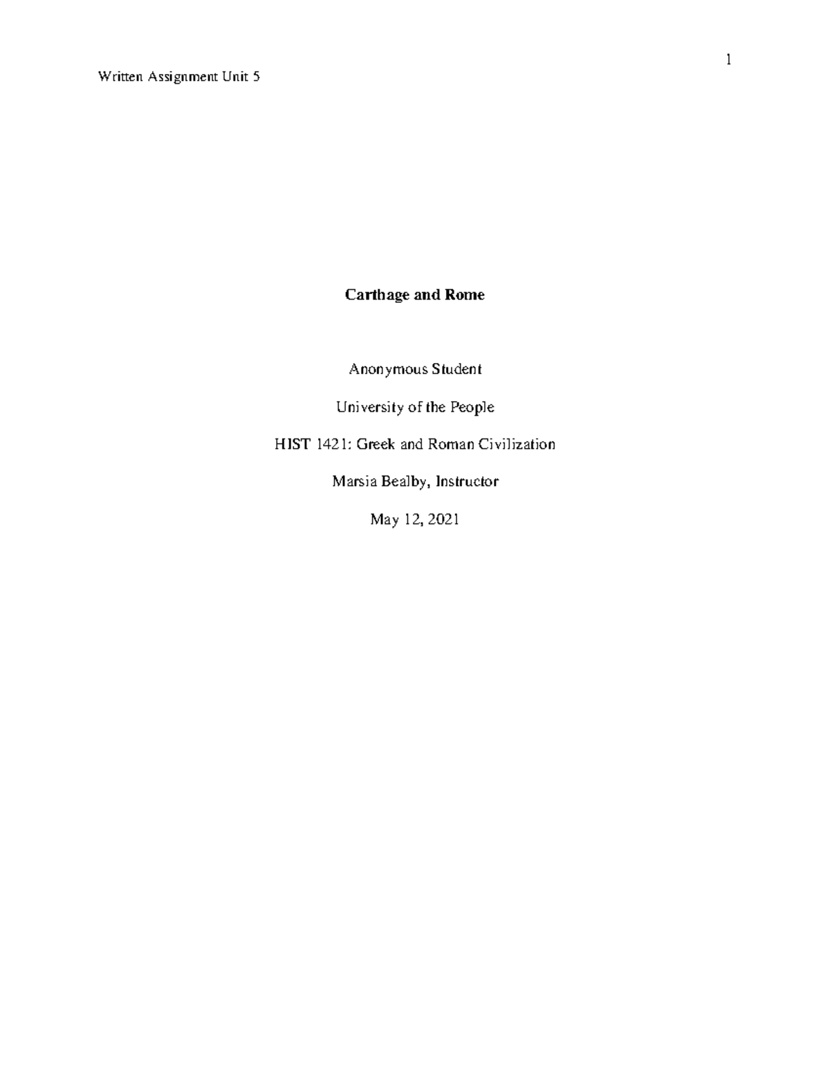 Writing Assignment Unit 5- Carthage and Rome - Carthage and Rome ...