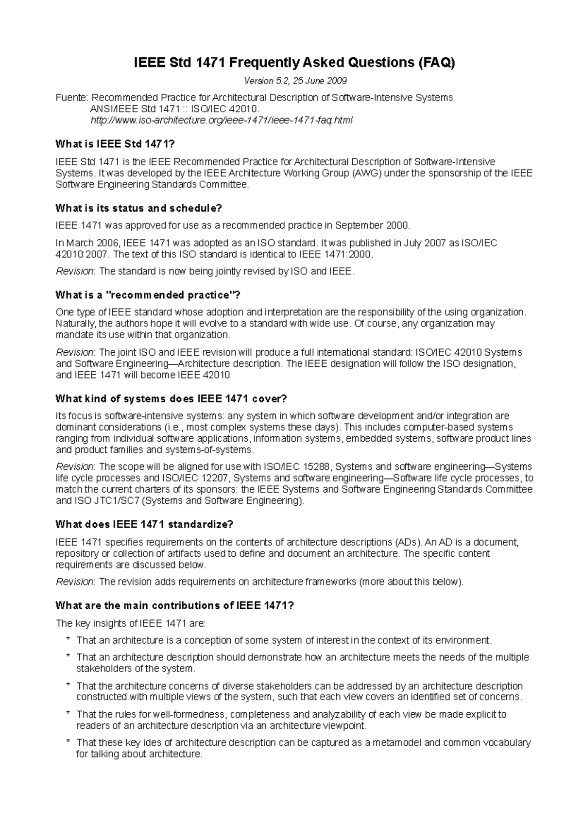 Preguntas frecuentes IEEE Std 1471 - IEEE Std 1471 Frequently Asked ...