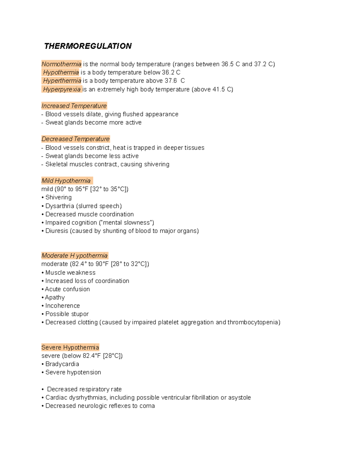 Thermo and Perfusion Test Study Guide - THERMOREGULATION Normothermia ...