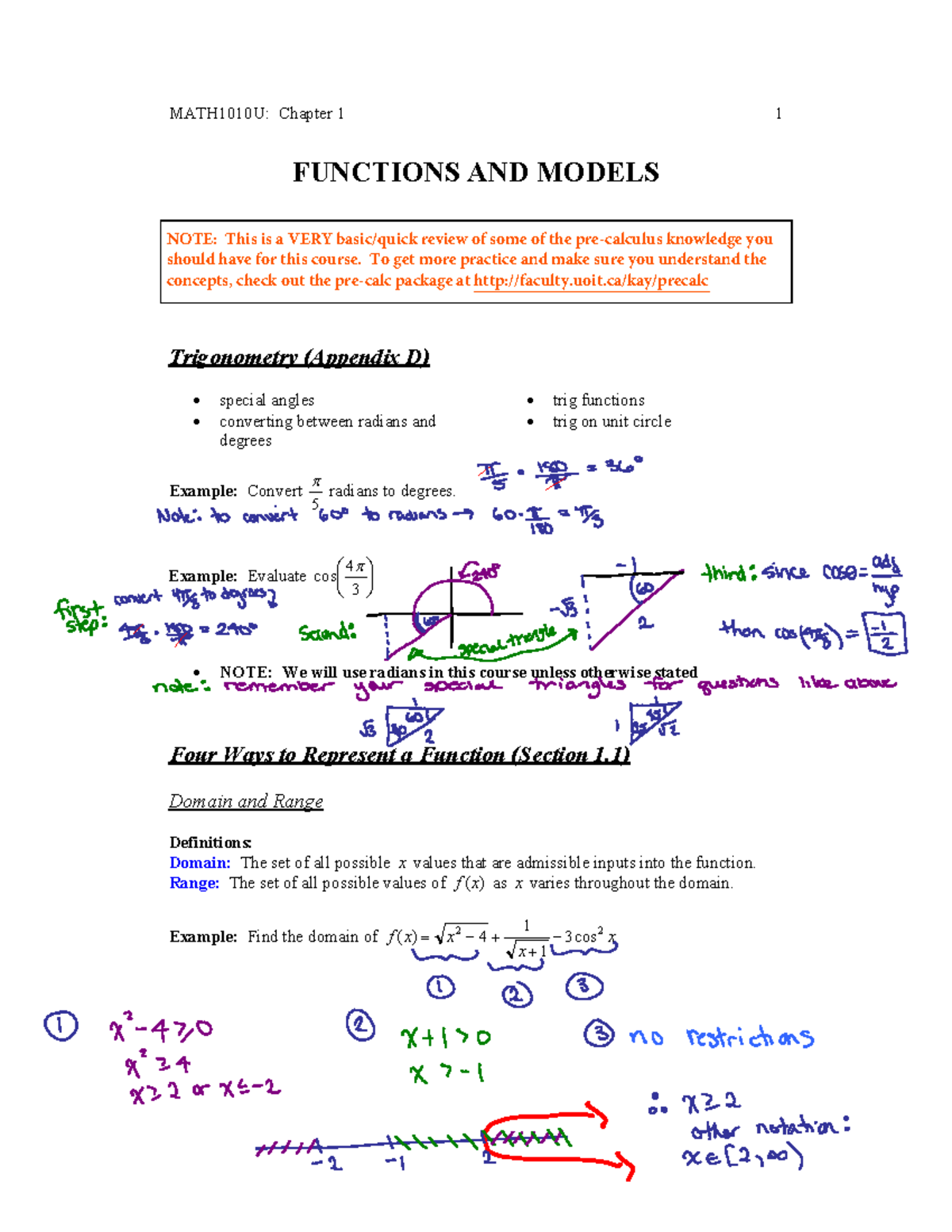 Mod0 funcreview - notes - FUNCTIONS AND MODELS Trigonometry (Appendix D ...