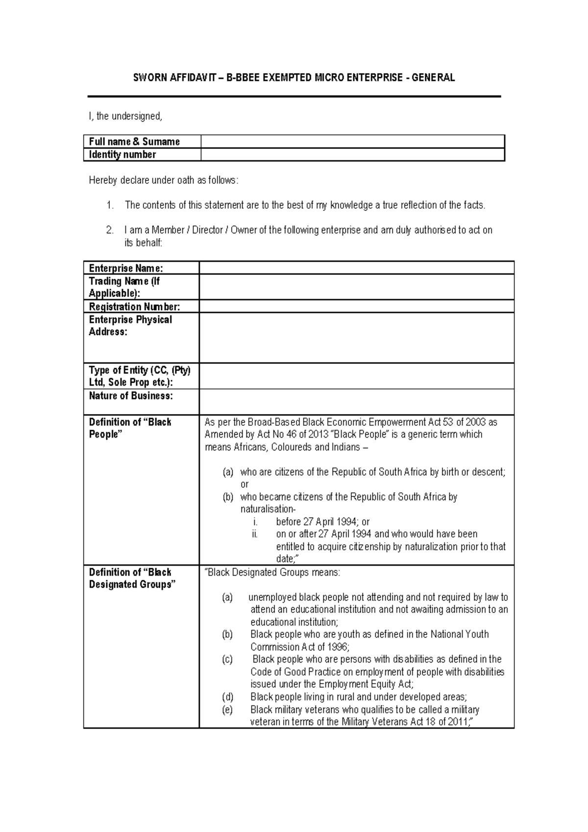 Affidavit-EME-Gen - Notes - SWORN AFFIDAVIT – B-BBEE EXEMPTED MICRO ...