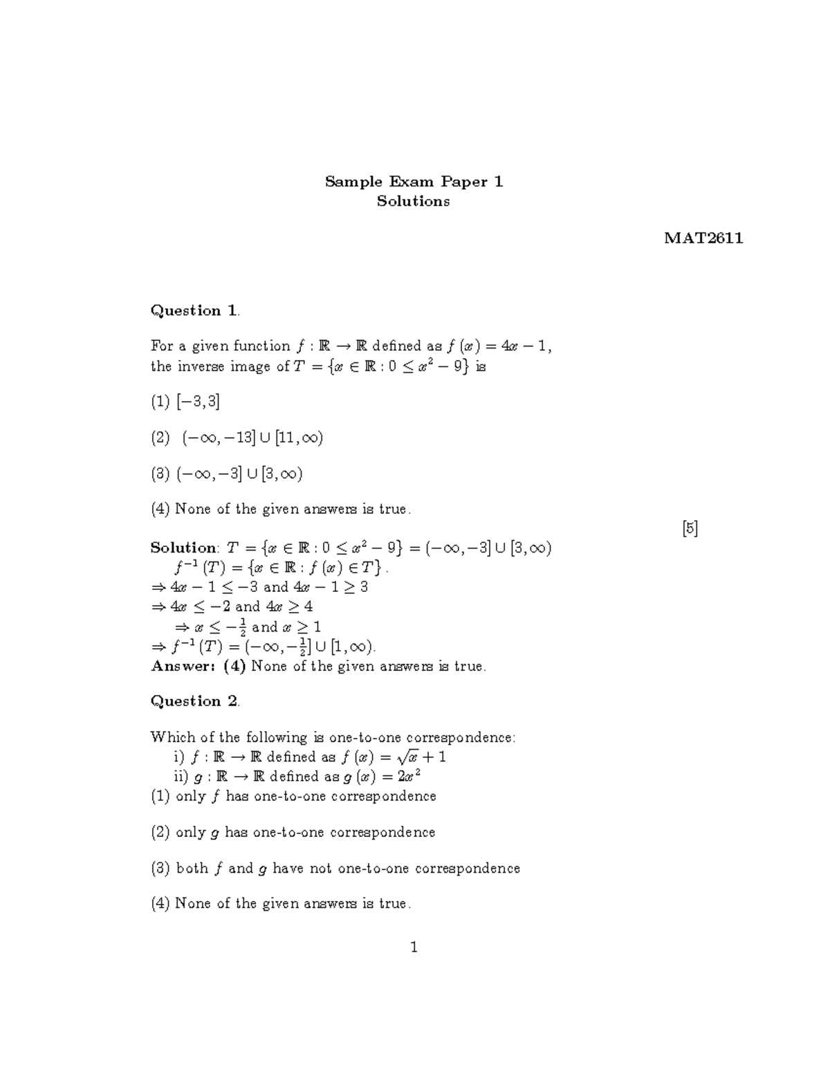 Sample Exam Paper 1 with Solutions MAT2611 - Sample Exam Paper 1 ...