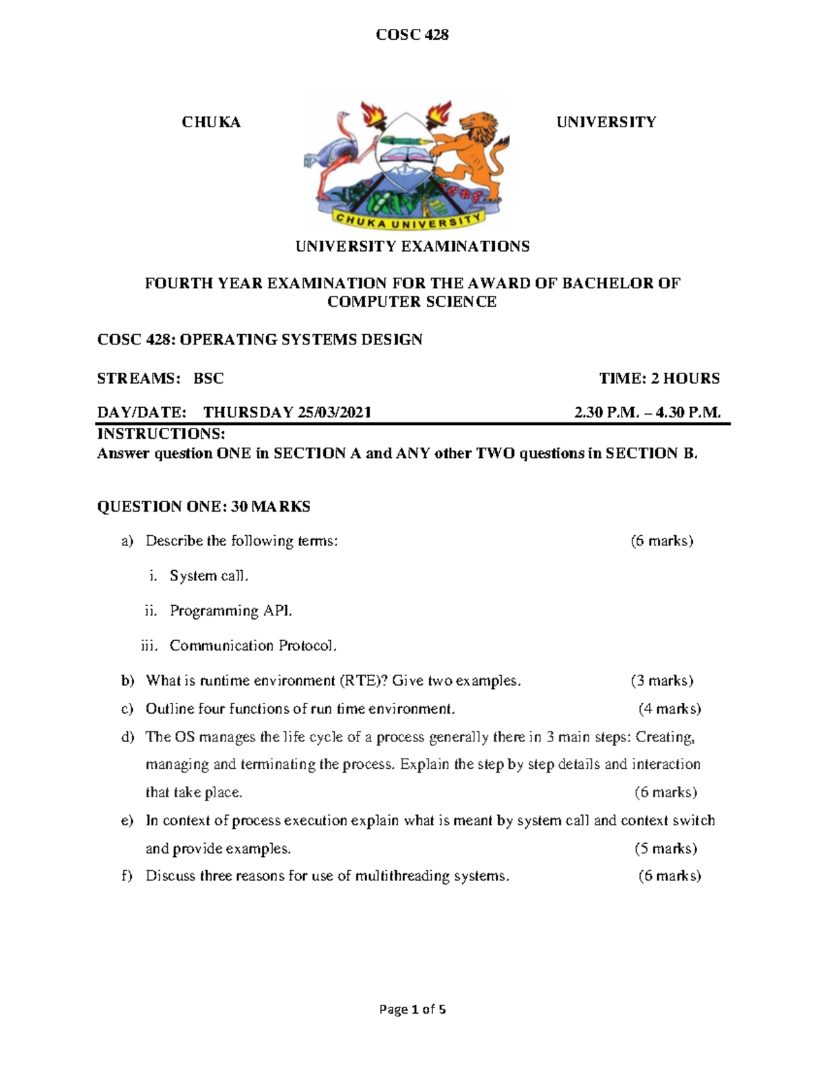 COSC 428 1 - they are operating system past papers - CHUKA UNIVERSITY ...
