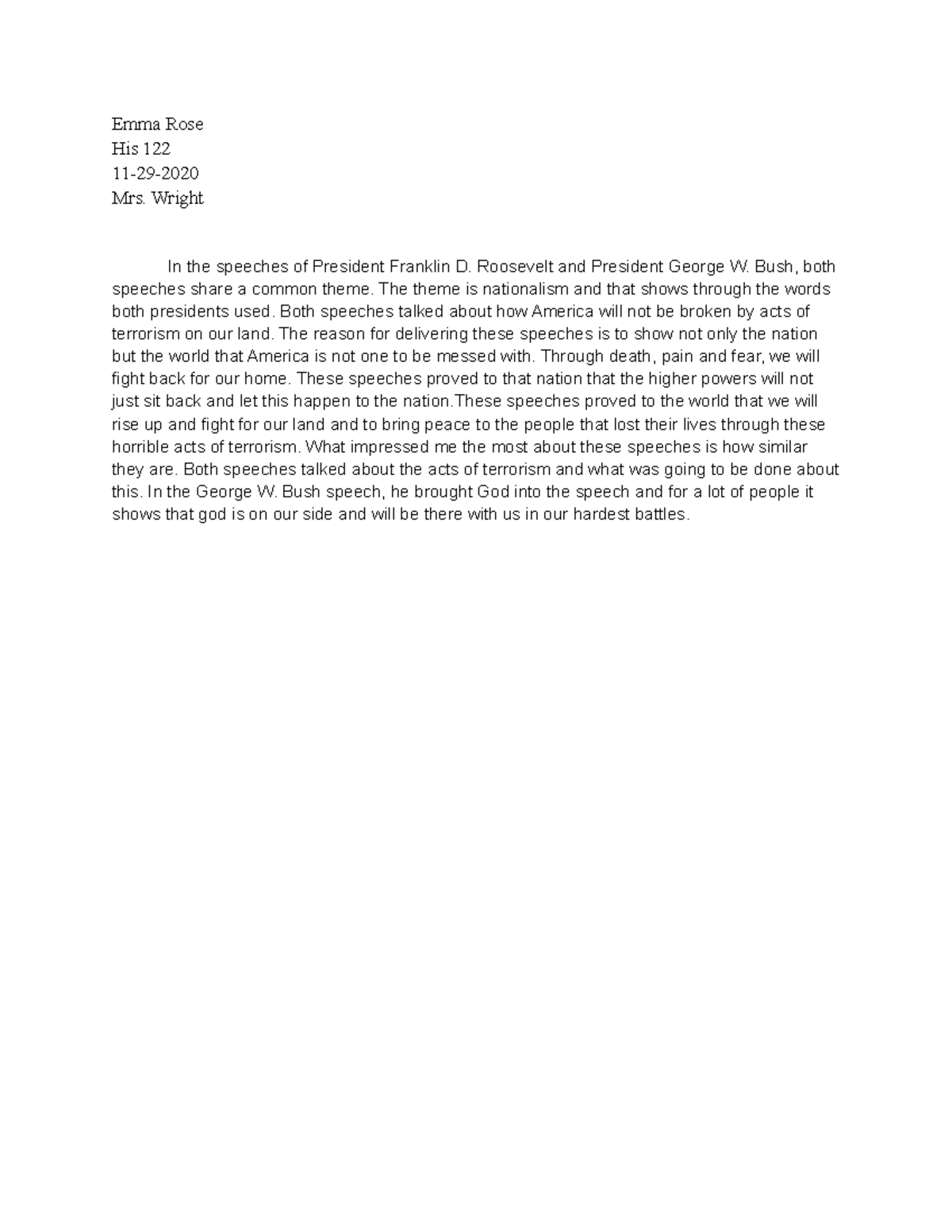 Speeches of FDR and Bush - Emma Rose His 122 11-29- Mrs. Wright In the ...