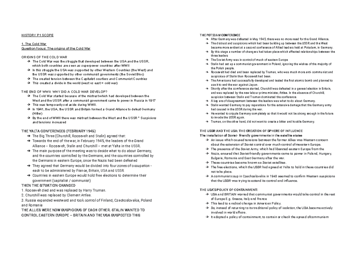 history p1 notes - HISTORY P1 SCOPE 1. The Cold War Question focus: The ...
