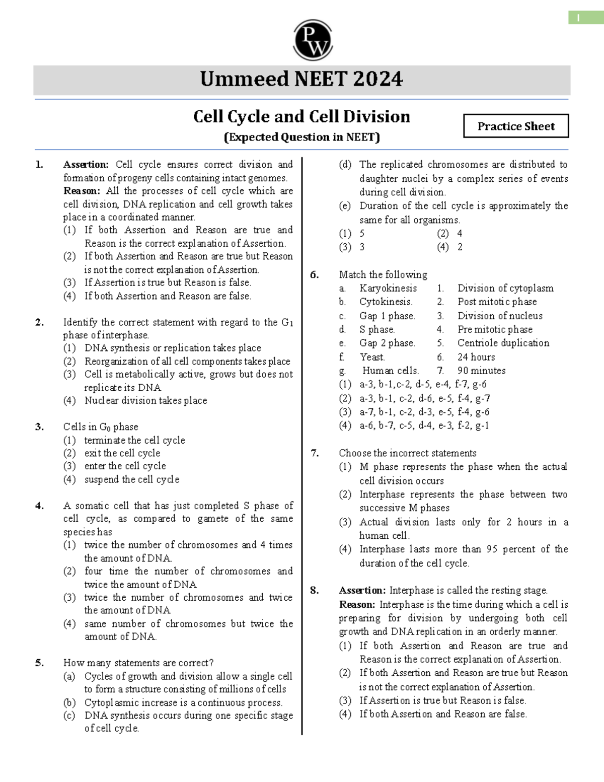 Cell Cycle and Cell Division Practice Sheet - Ummeed NEET 2024 Cell ...