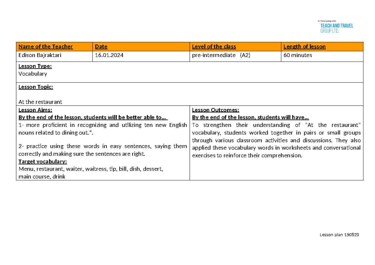 Itoi TEFL Assignment 1 Lesson Plan Vocabulary Documents Text 1 1943243 ...