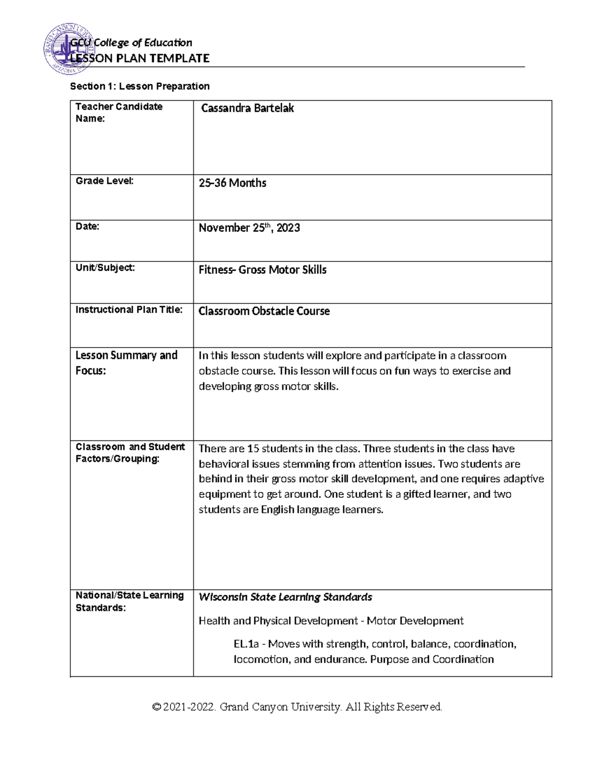 Fitness Activity Lesson Plan - LESSON PLAN TEMPLATE Section 1: Lesson ...
