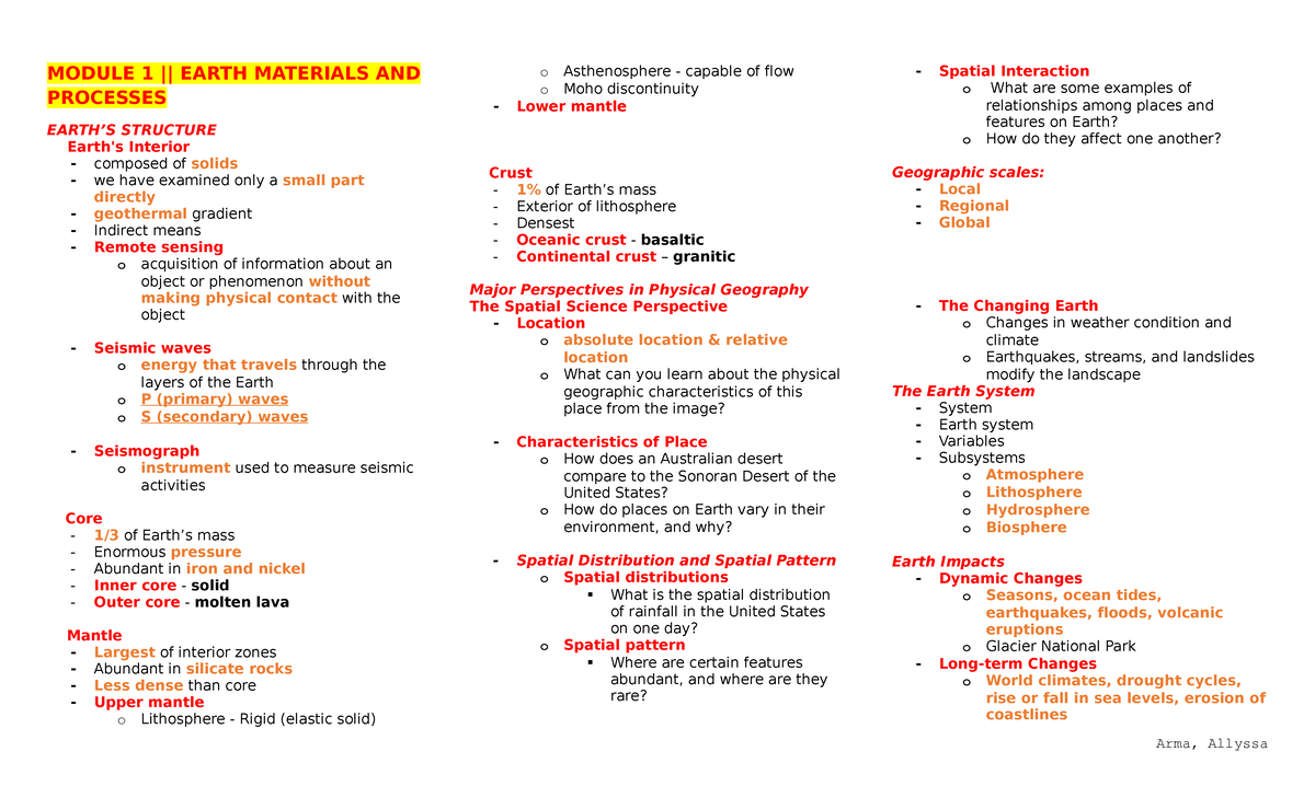 ELS - notes - MODULE 1 || EARTH MATERIALS AND PROCESSES EARTH’S ...