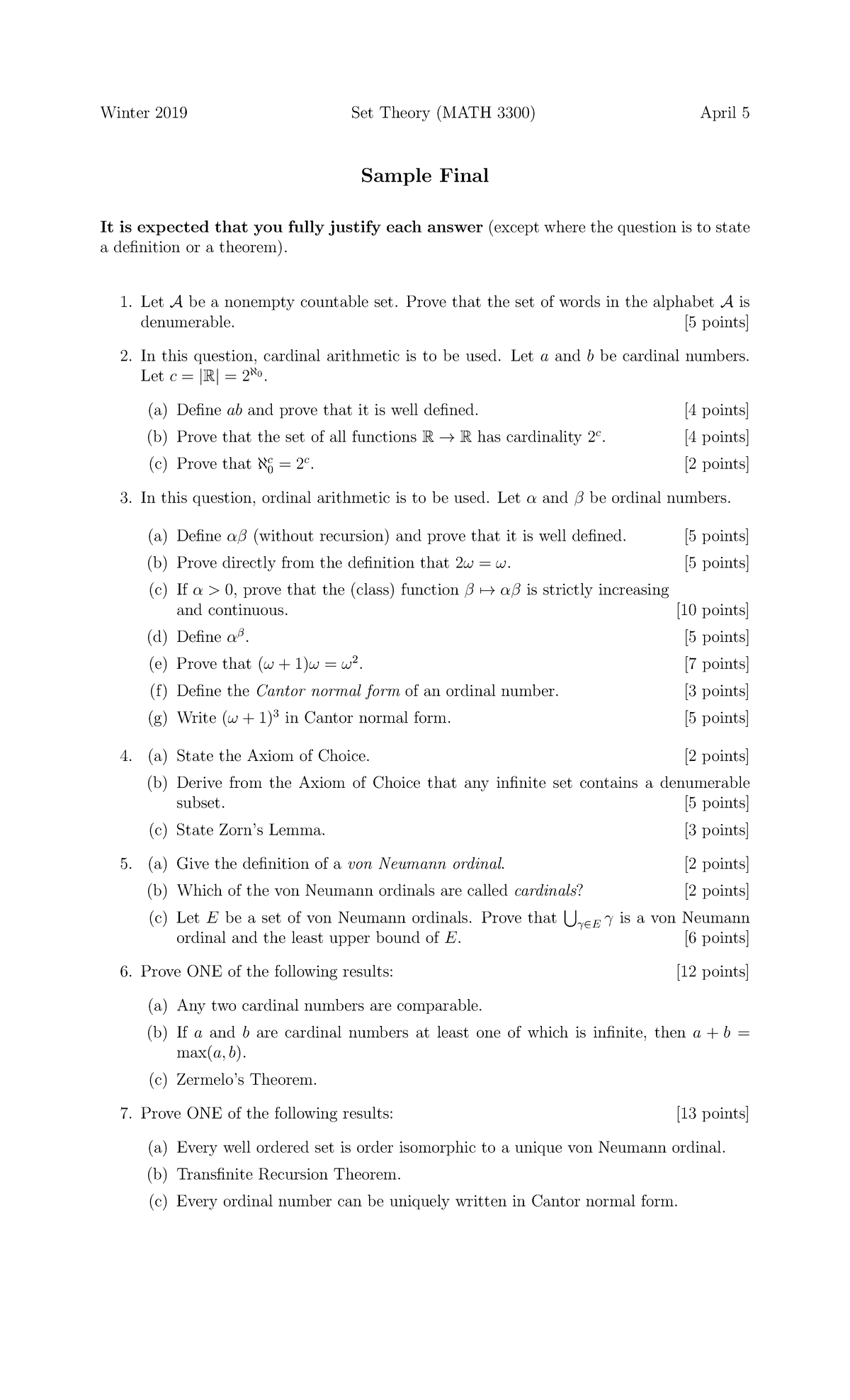 Math 3300 sample final - Winter 2019 Set Theory (MATH 3300) April 5 ...