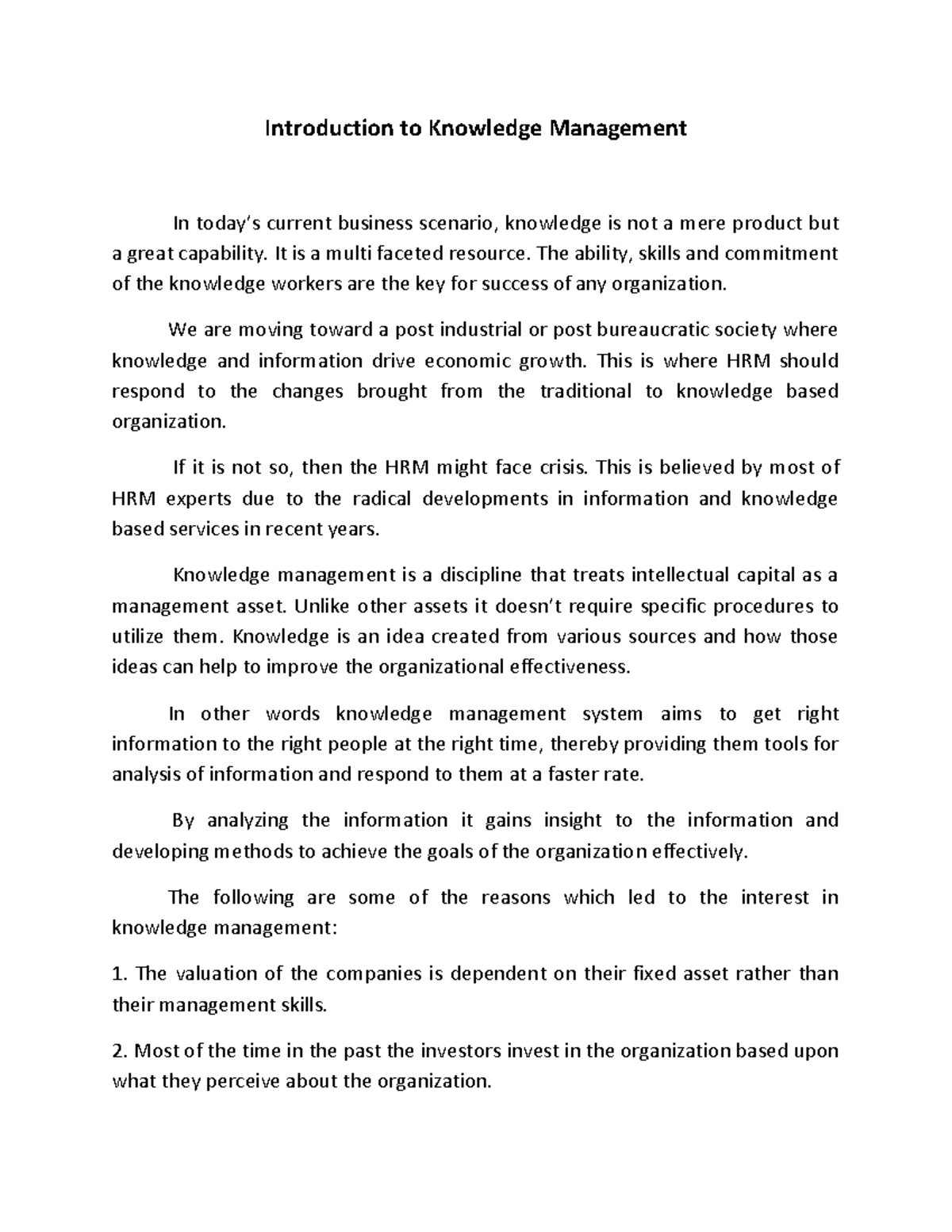 Introduction to Knowledge Management - It is a multi faceted resource ...