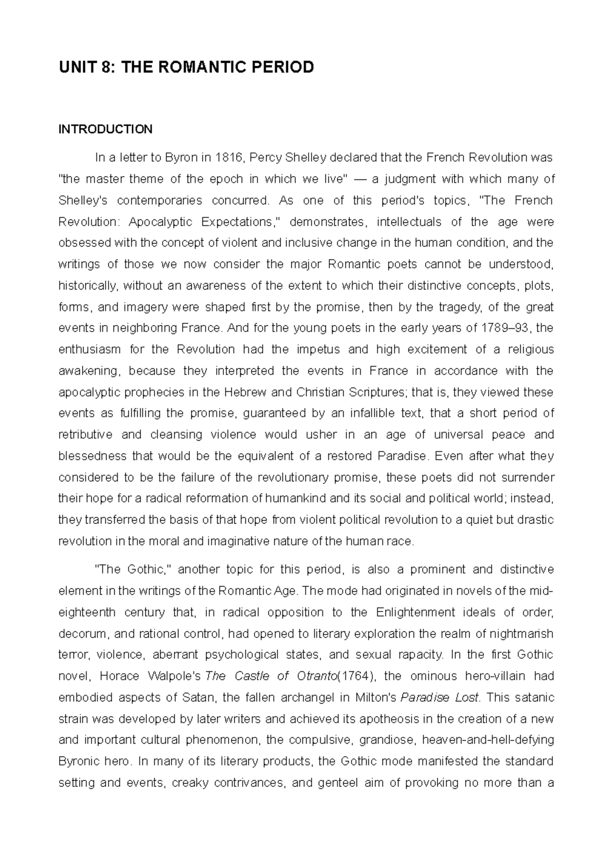 UNIT 8- THE Romantic Period - UNIT 8: THE ROMANTIC PERIOD INTRODUCTION ...