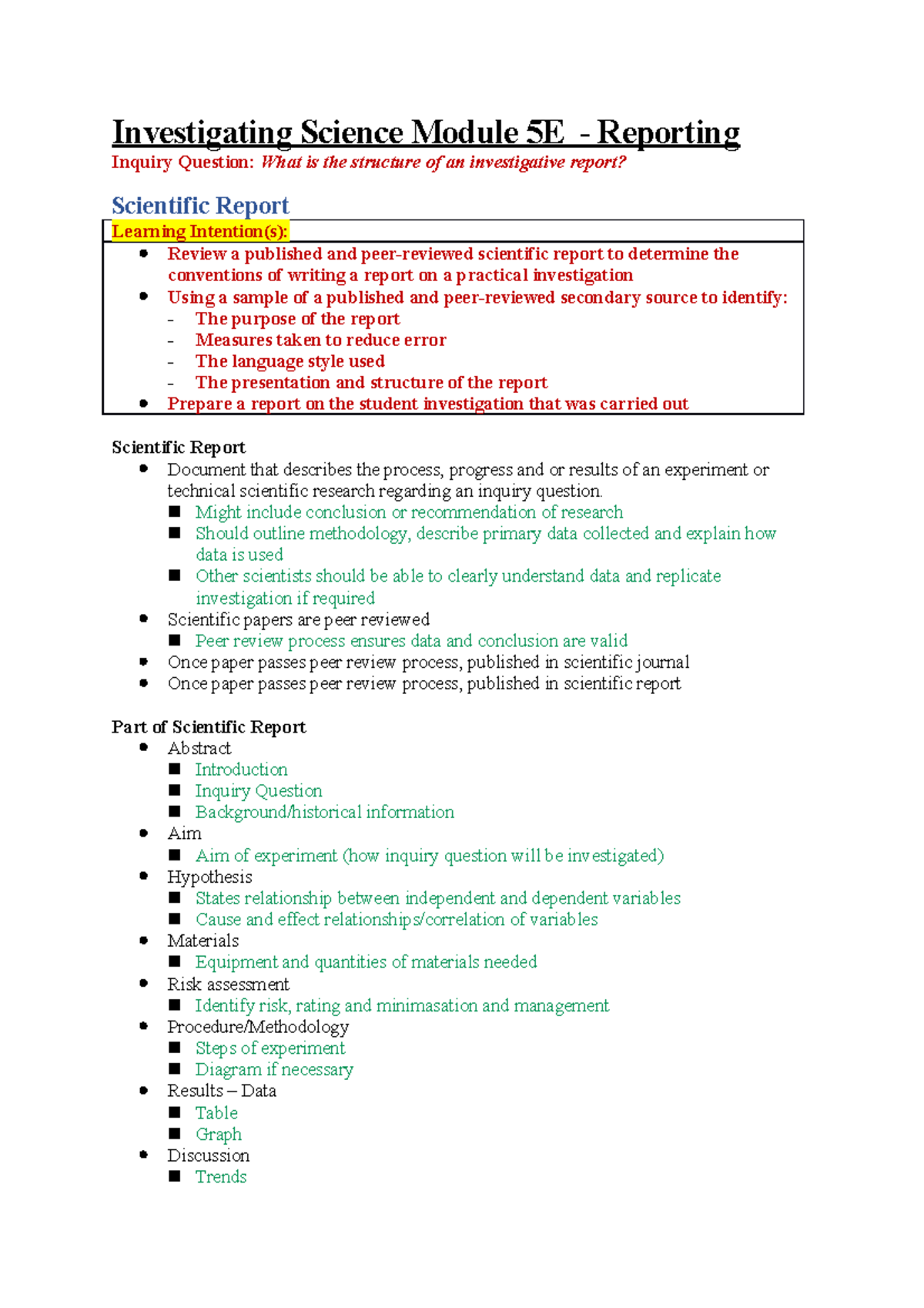 Investigating Science Module 5E - Reporting - Might include conclusion ...